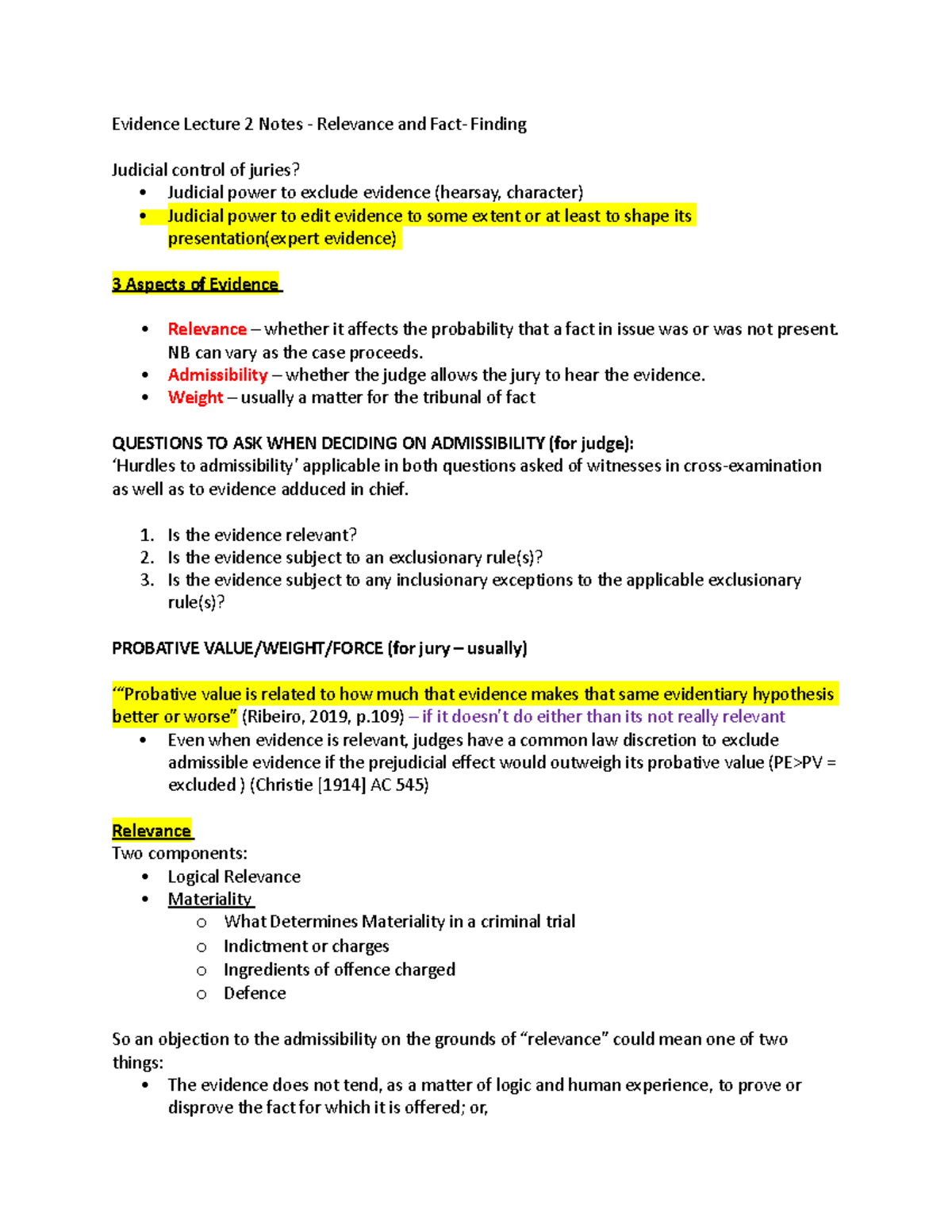 Evidence Lecture 2 Notes - LAW6037 - QMUL - Studocu