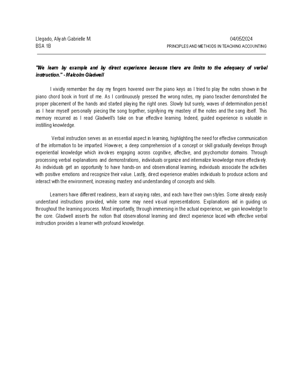 Llegado, Aliyah Gabrielle-Selection and Use of IMs-Jounal 1 - Llegado ...