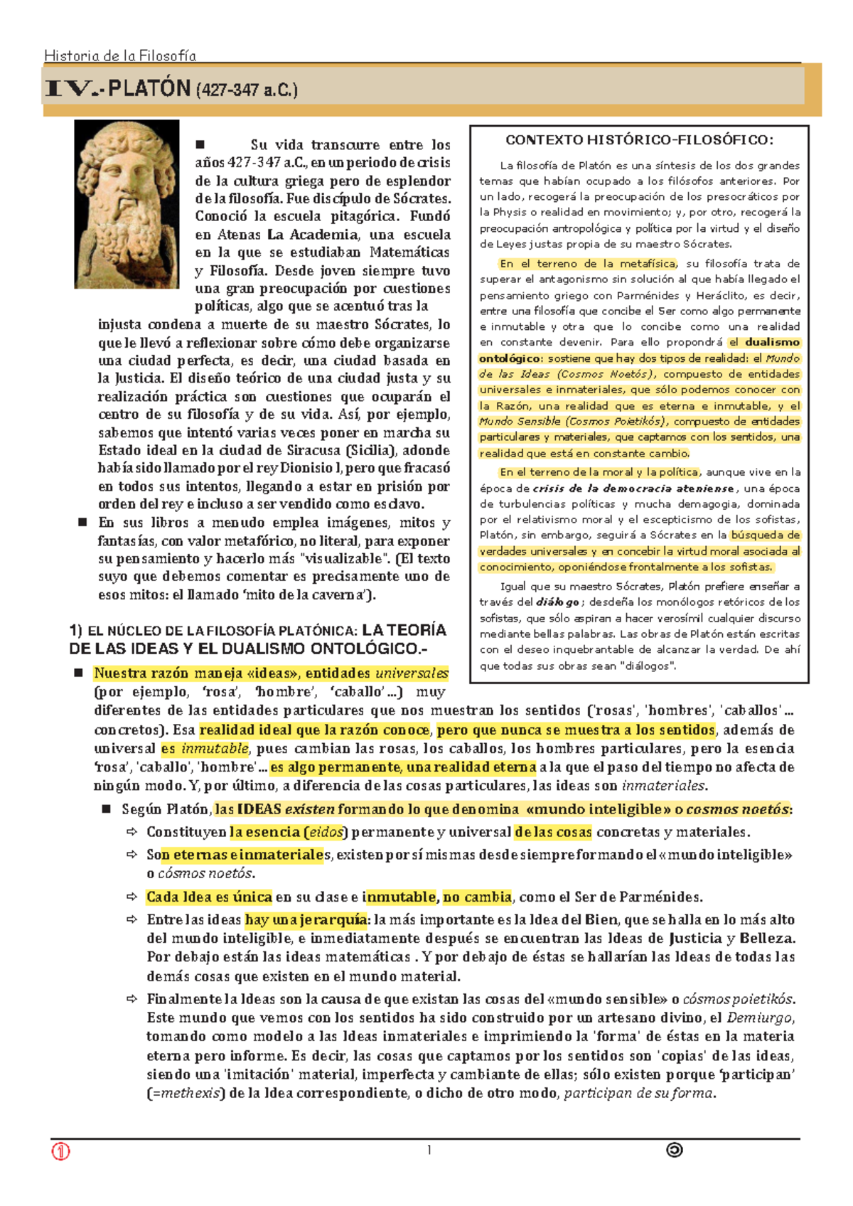 Filosofía Platónica - I V.- PLATÓN (427-347 a.) Su vida transcurre ...