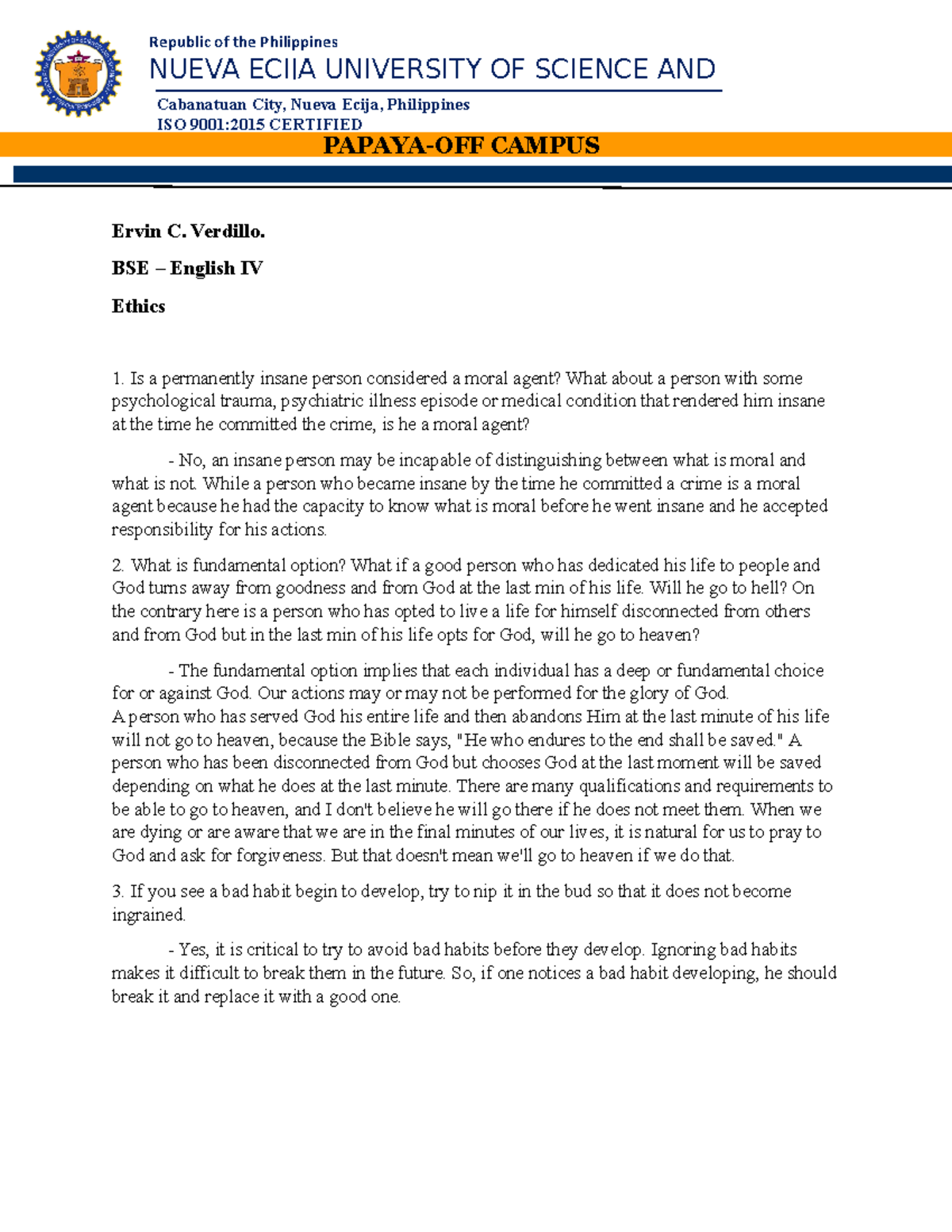 Ethics - Bachelor of Secondary Education - Studocu