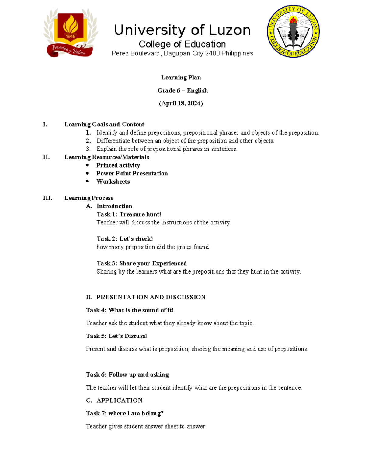 English-learning-plan - University of Luzon College of Education Perez ...