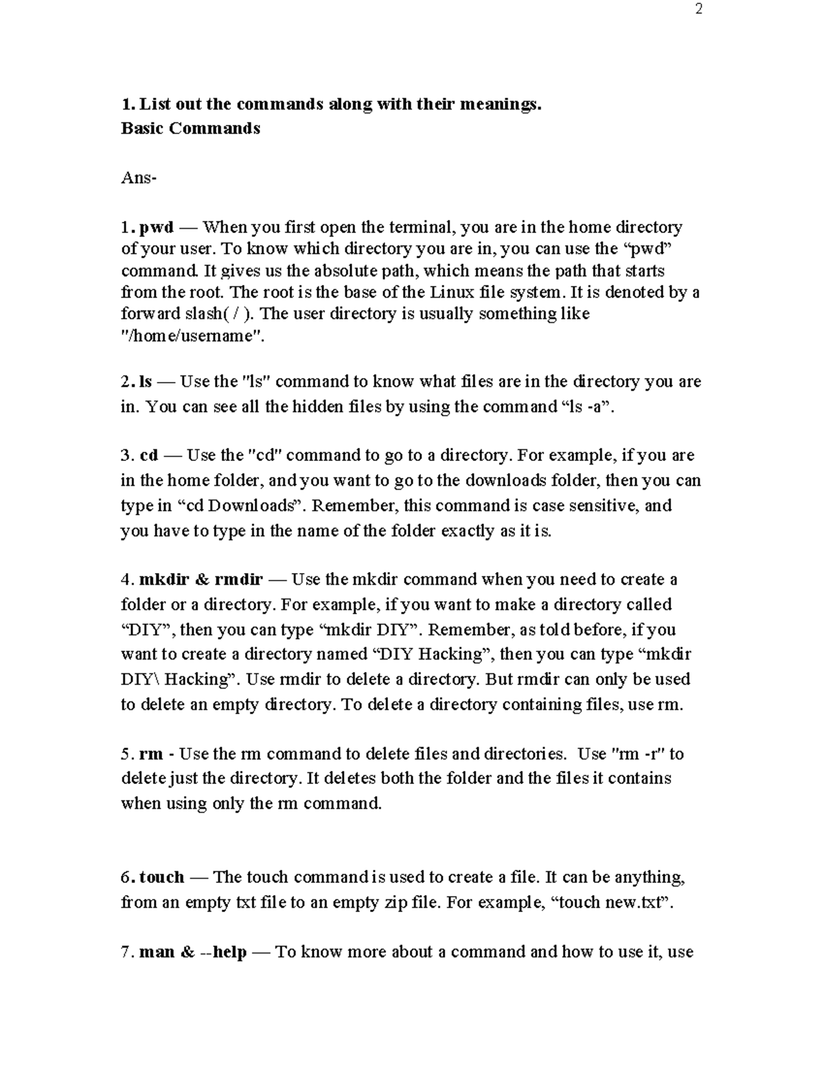 Pca1 Operating Systems Lab 27 List Out The Commands Along With Their Meanings Basic Commands