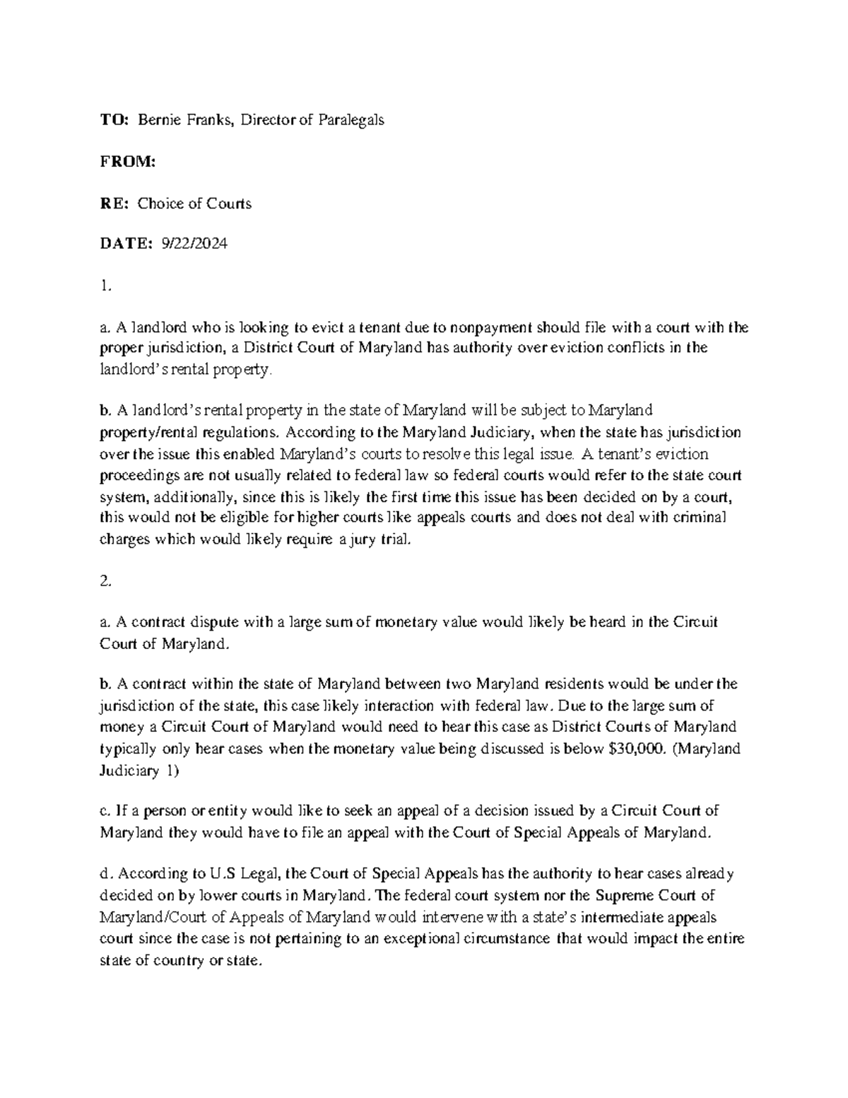 LGST 101 - UMGC Assignment 1 - TO: Bernie Franks, Director of ...