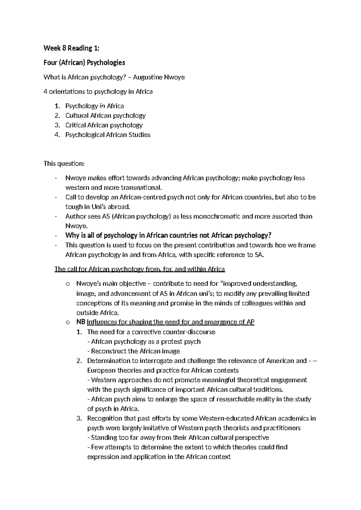 Reading 1 Summary - Week 8 Reading 1: Four (African) Psychologies What is African psychology ...