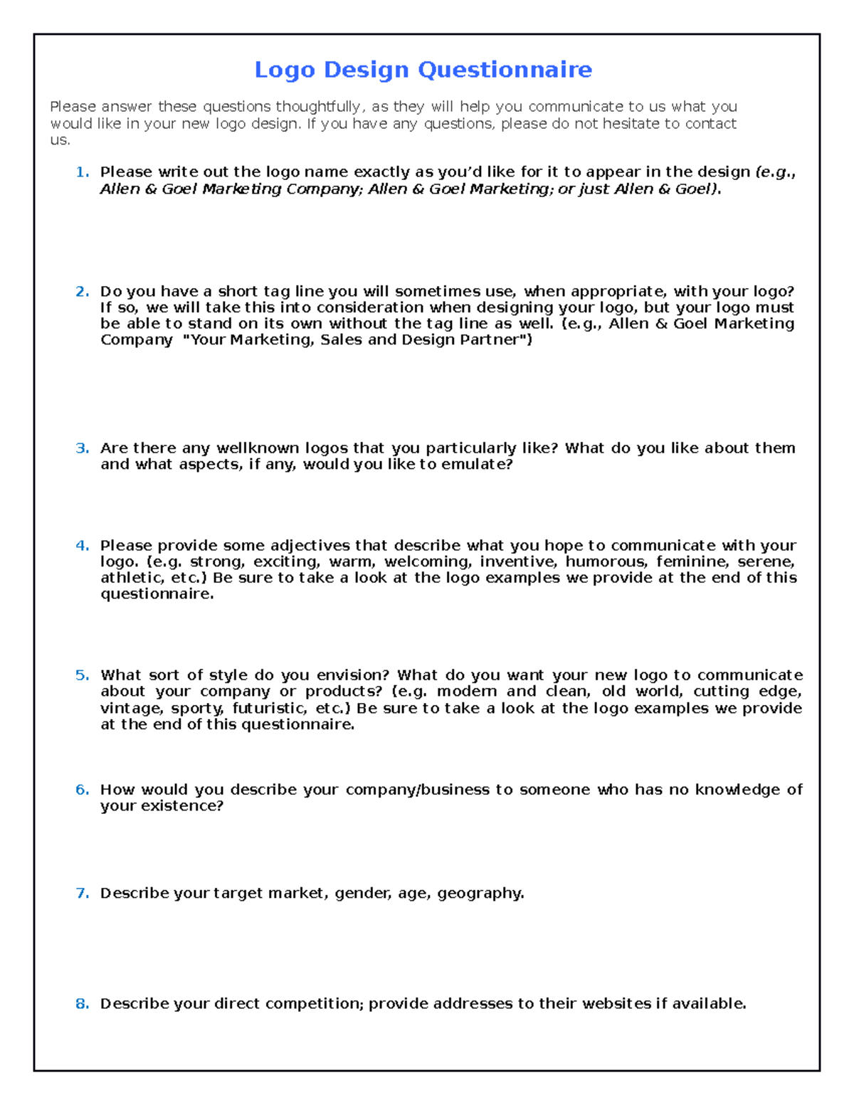 Logo Design Questionnaire - Logo Design Questionnaire Please answer ...