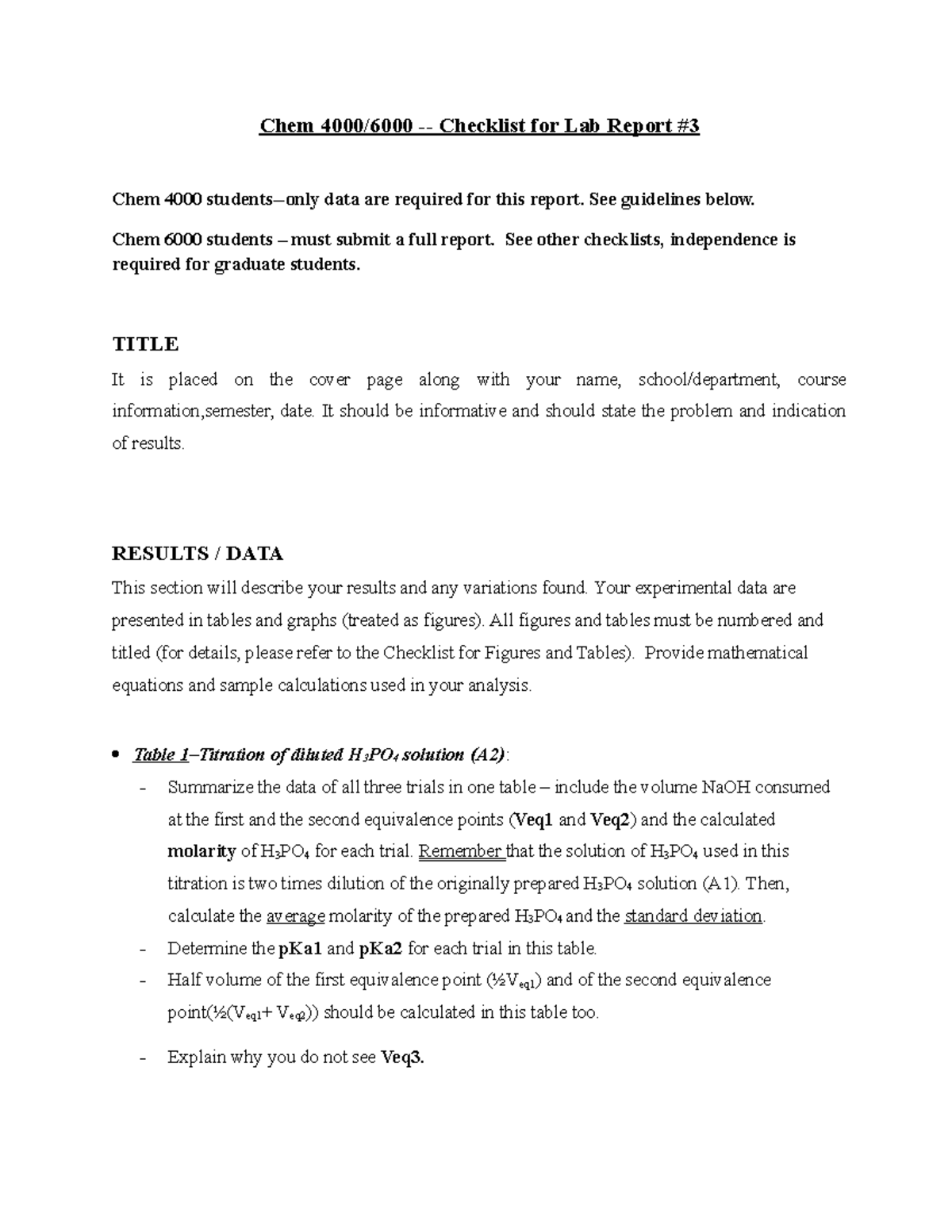 Chem4000 Checklist for Lab Report 3 - Chem 4000/6000 - Checklist for ...