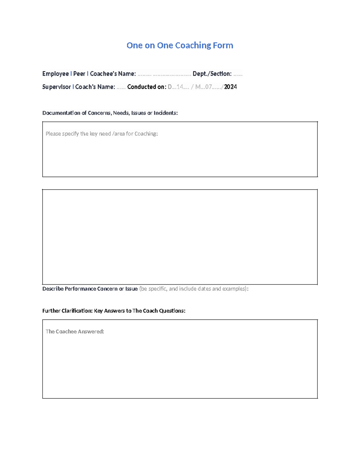 1Oneon One Coaching Form - One on One Coaching Form Employee l Peer l ...