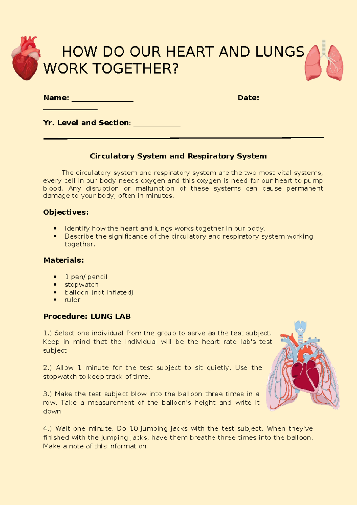 Contextualize Lab Experiments - HOW DO OUR HEART AND LUNGS WORK ...