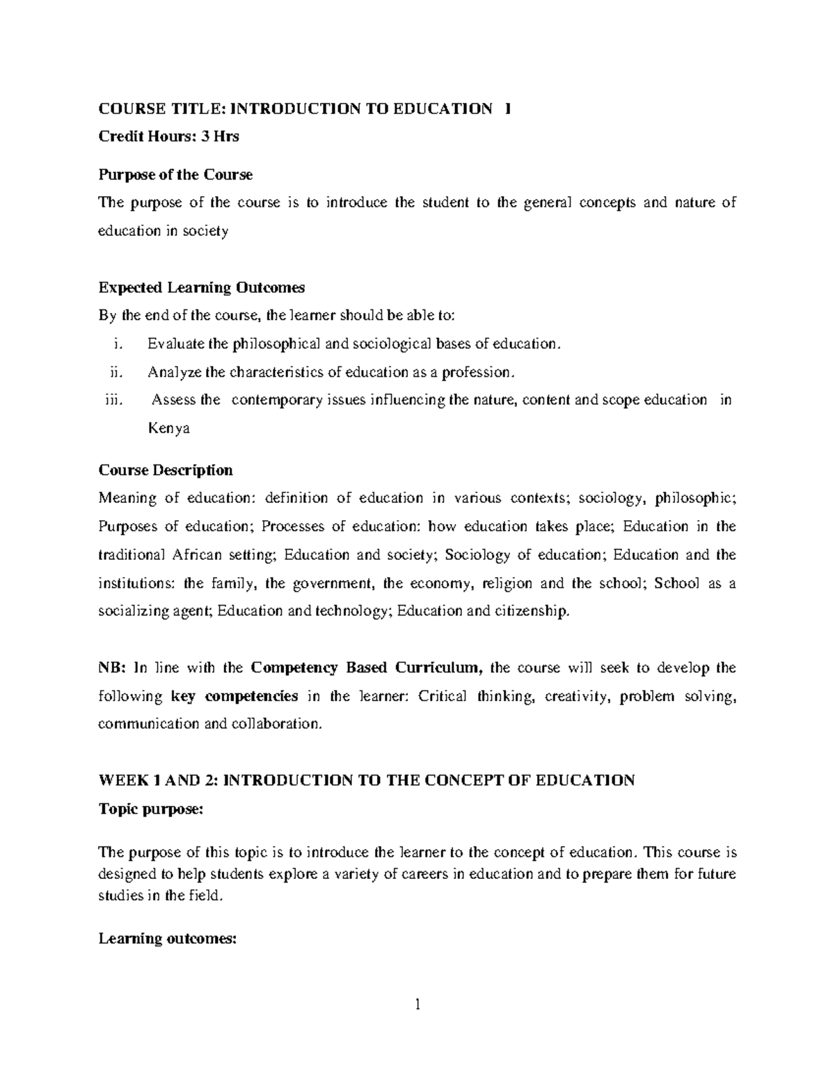 Lecture 1 Introduction TO THE Concept OF Education - COURSE TITLE ...