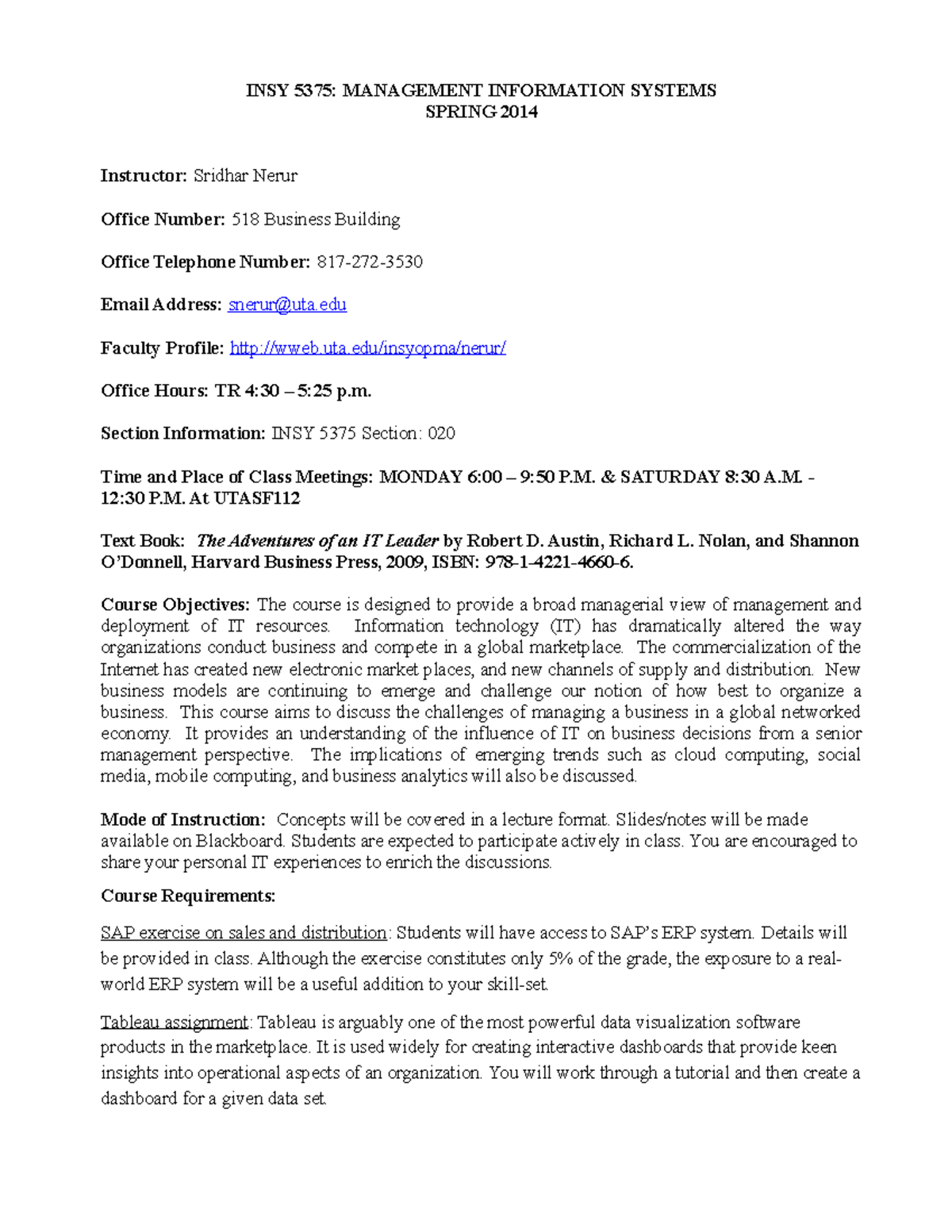 INSY5375-syllabus Sp 2014 - INSY 5375: MANAGEMENT INFORMATION SYSTEMS ...