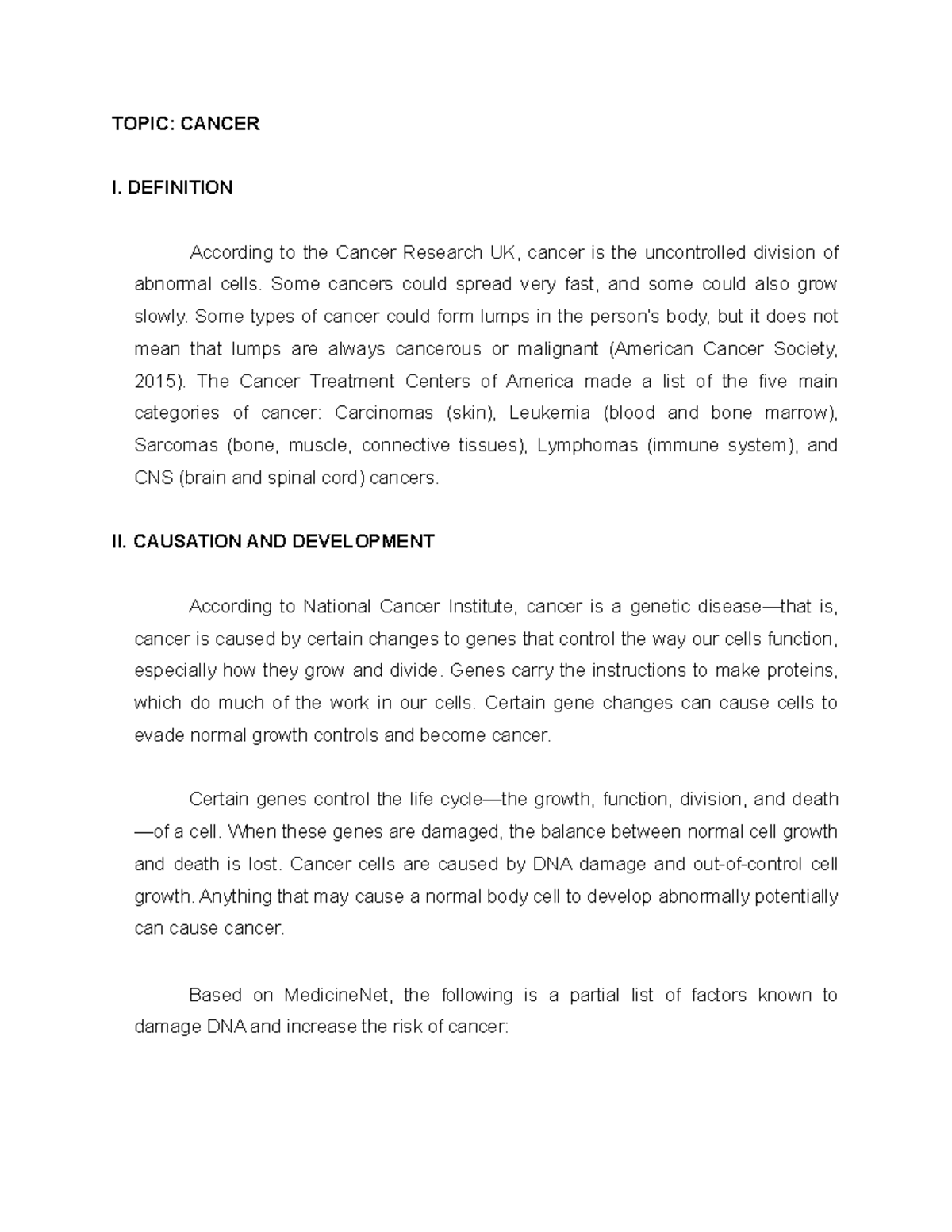 Overview of Cancer - TOPIC: CANCER I. DEFINITION According to the ...