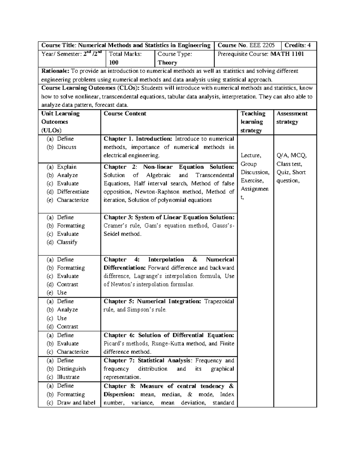 EEE 2205 - To provide an introduction to numerical methods as well as statistics and solving ...