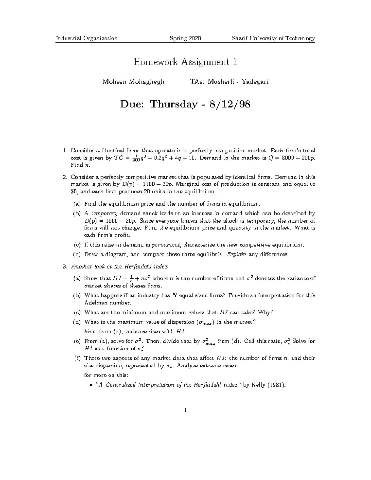 Assignment 1 - Industrial organization problem set01- theory of the ...