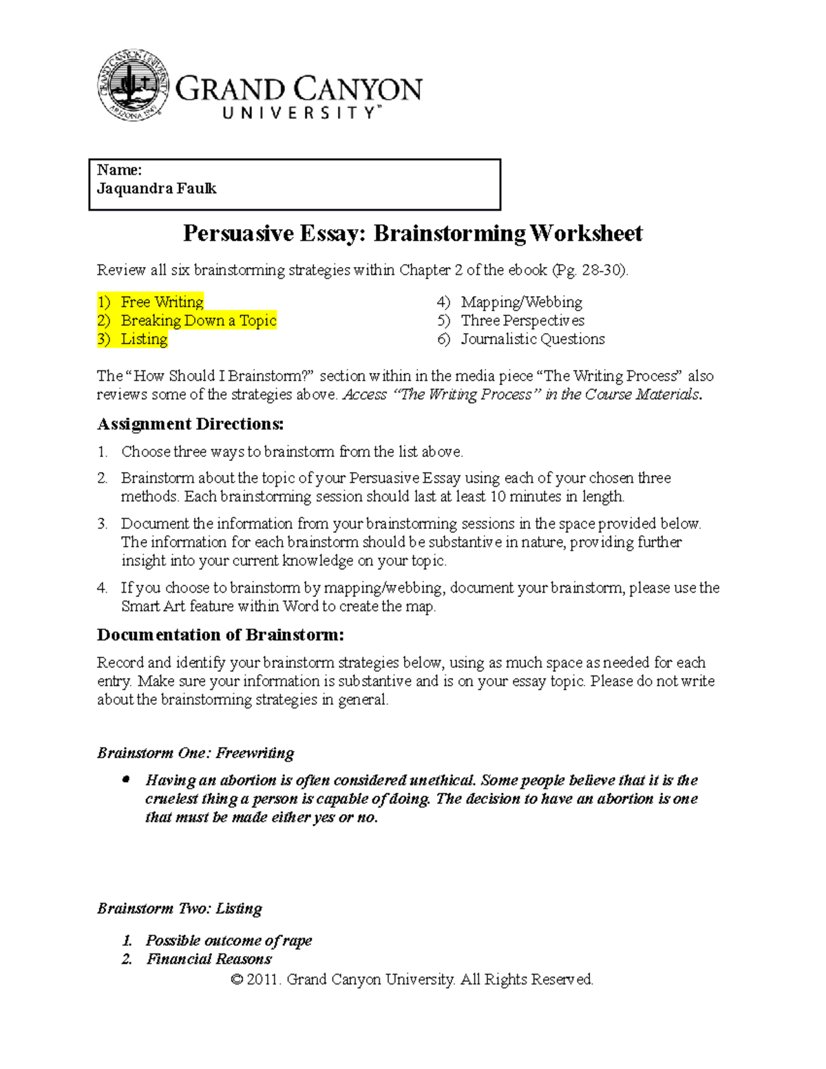 Jaquandra F Week 2 Brainstorming WS - Name: Jaquandra Faulk Persuasive ...