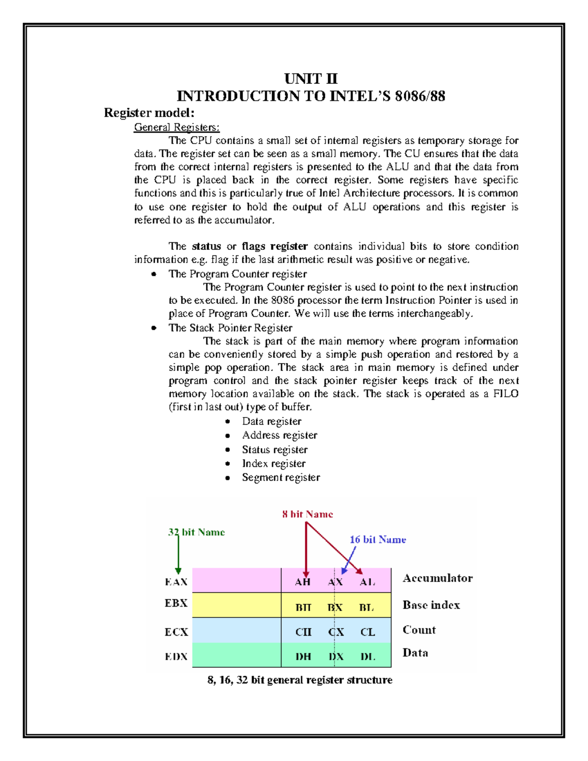 Unit 2 - Introduction to Intel s 8086/88: Register model Bus interface ...
