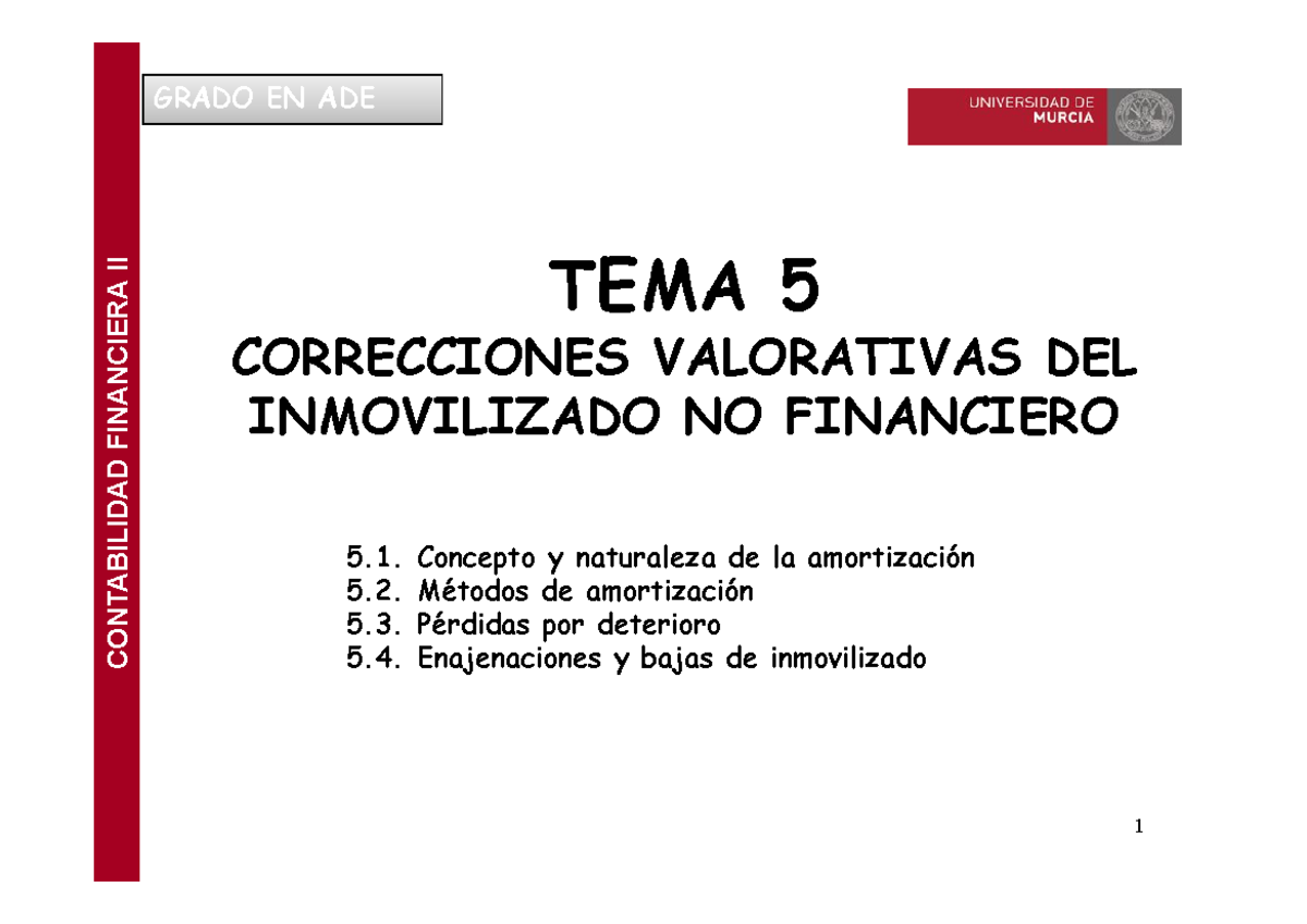 Tema 5.Correcciones valorativas - TEMA 5 CORRECCIONES VALORATIVAS DEL INMOVILIZADO NO FINANCIERO ...