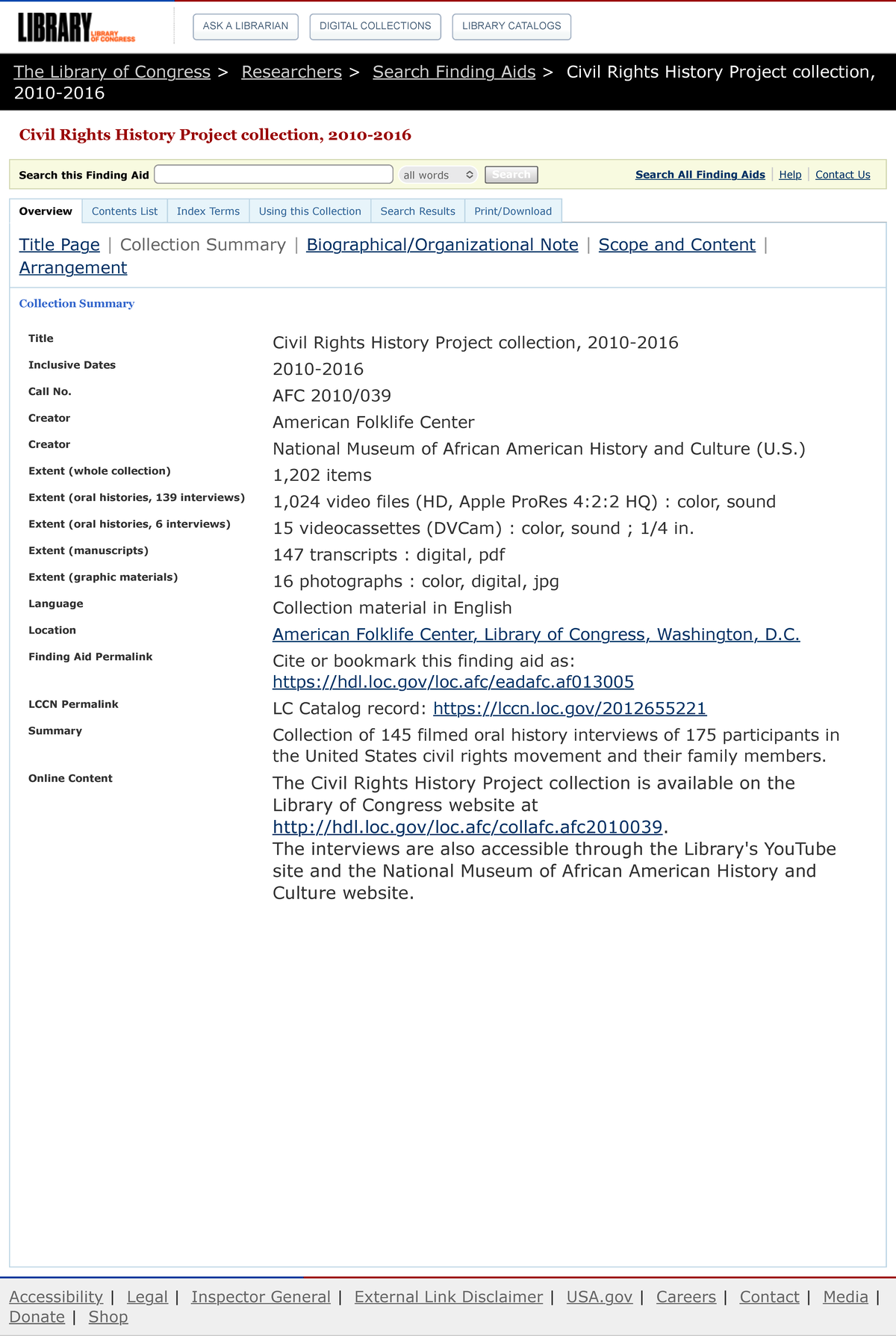 Civil Rights History Project collection, 2010-2016 (Library of Congress ...