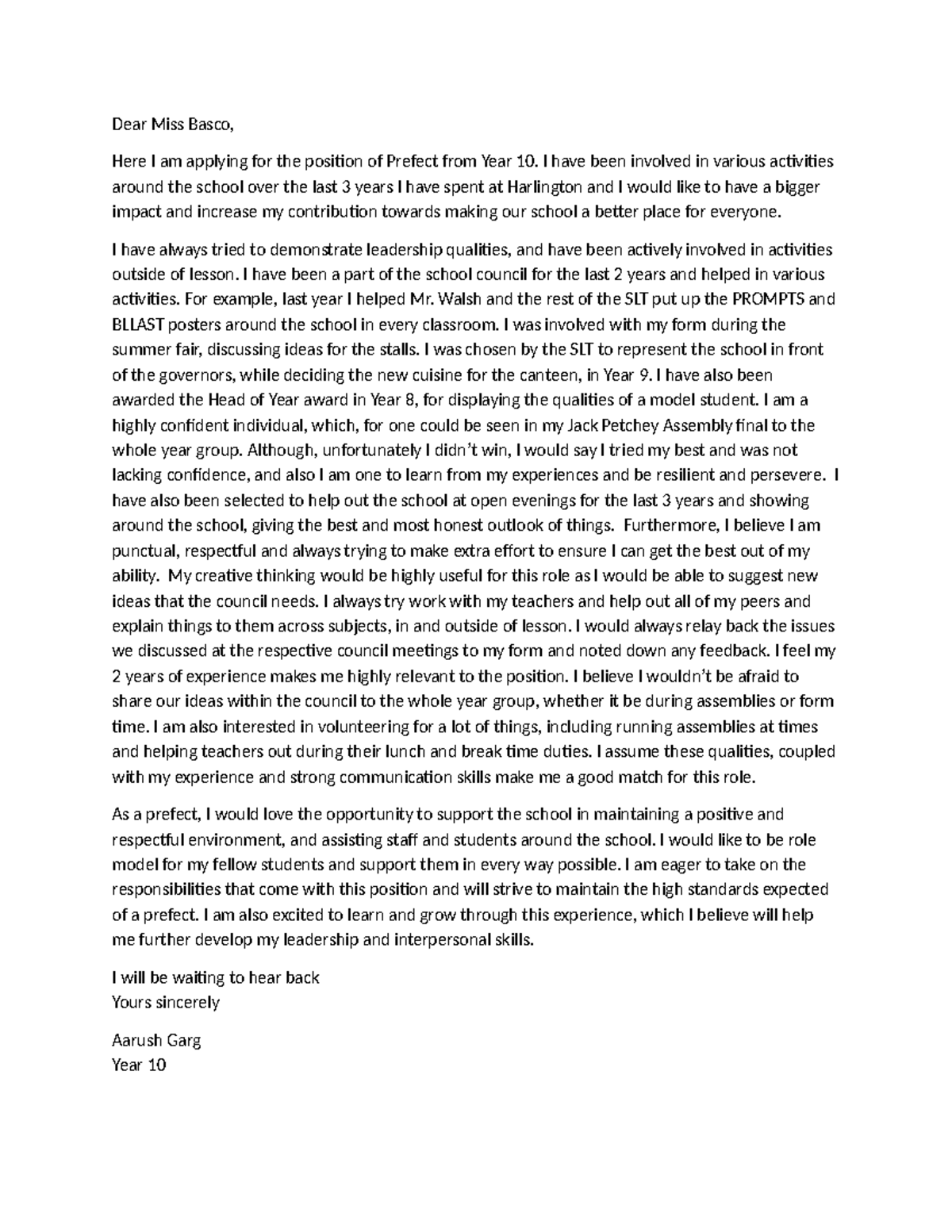 Prefect application - Dear Miss Basco, Here I am applying for the ...