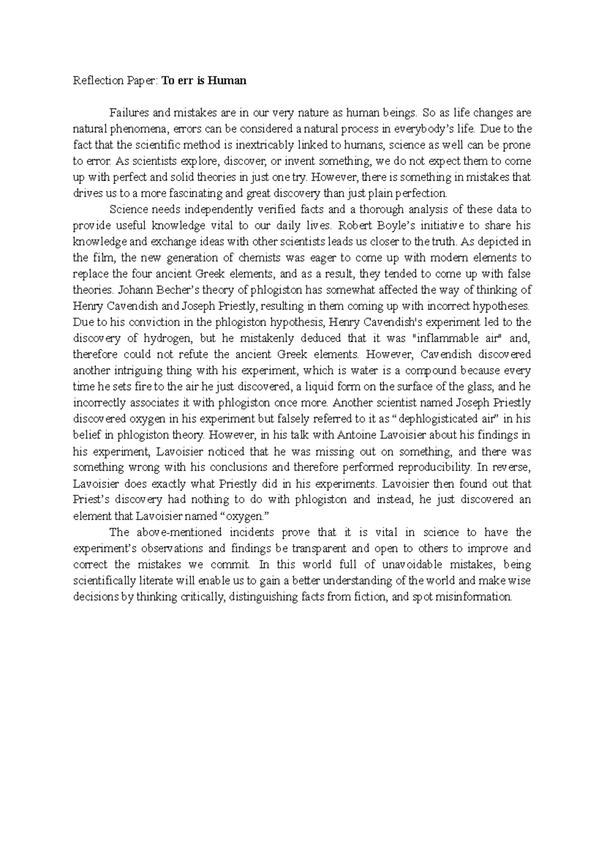Reflection Paper To Err is Human - Reflection Paper: To err is Human ...