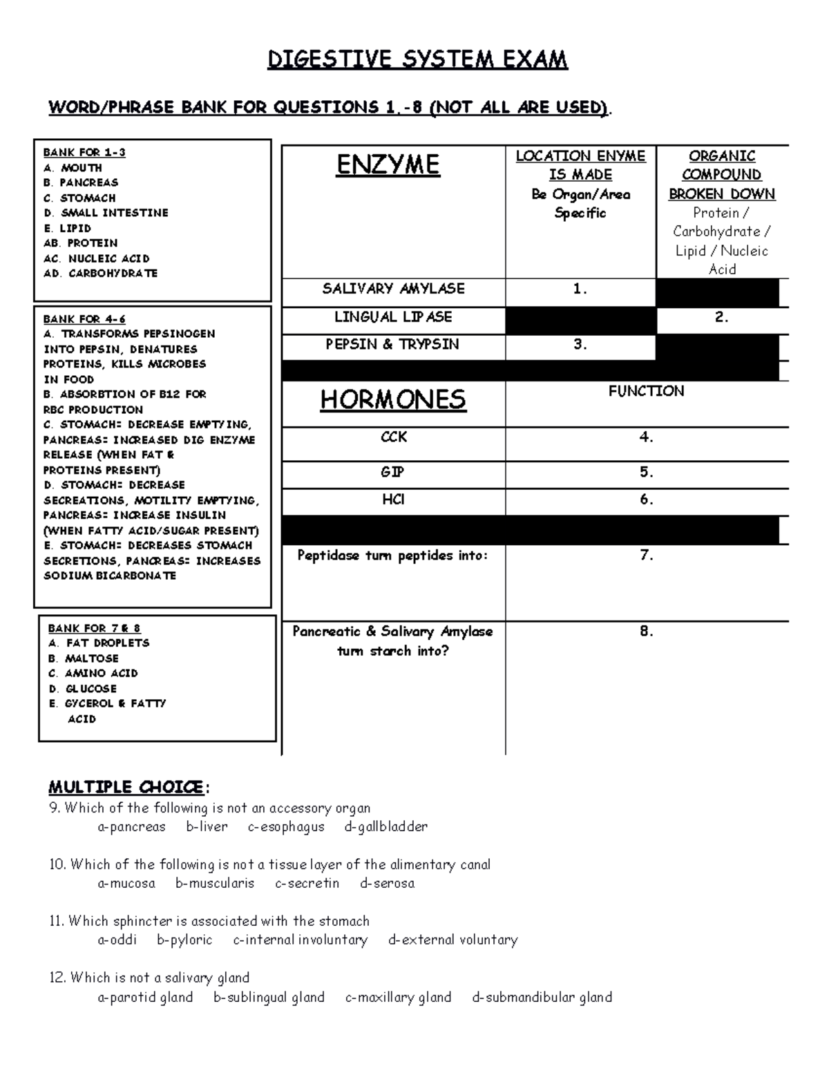 Digestive system exam (1) - DIGESTIVE SYSTEM EXAM WORD/PHRASE BANK FOR ...