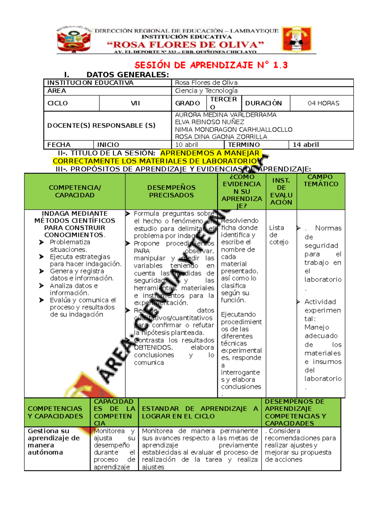 Sesion 1.3 C Y T 3° Grado (3) - SESIÓN DE APRENDIZAJE N° 1. I. DATOS GENERALES: INSTITUCIÓN ...