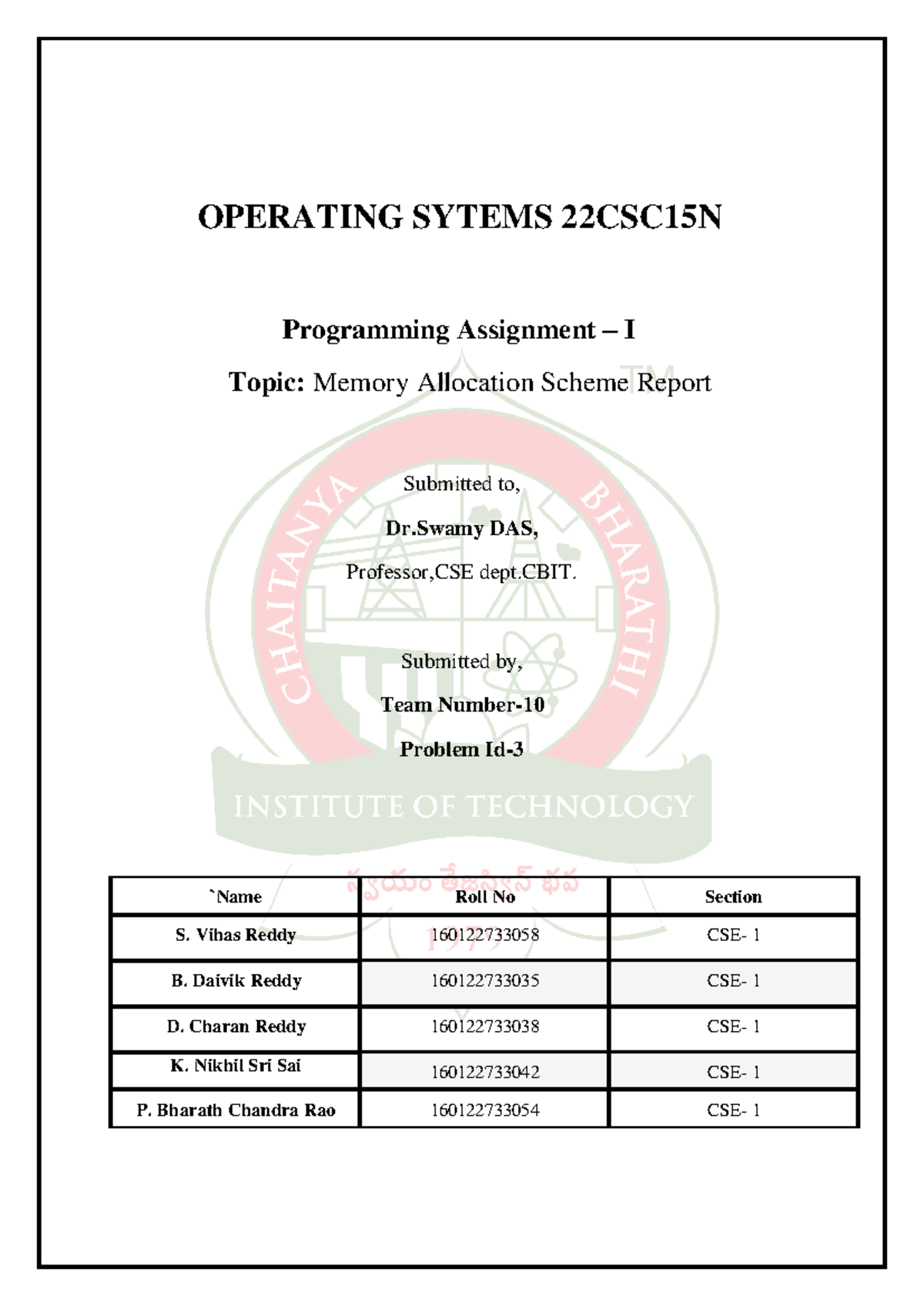 TEAM 10 Assignment - memory management - OPERATING SYTEMS 22CSC15N Programming Assignment – I ...