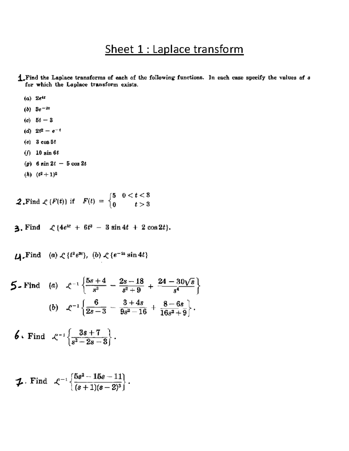Sheet 1 laplace - automatic control - Sheet 1 : Laplace transform - Studocu