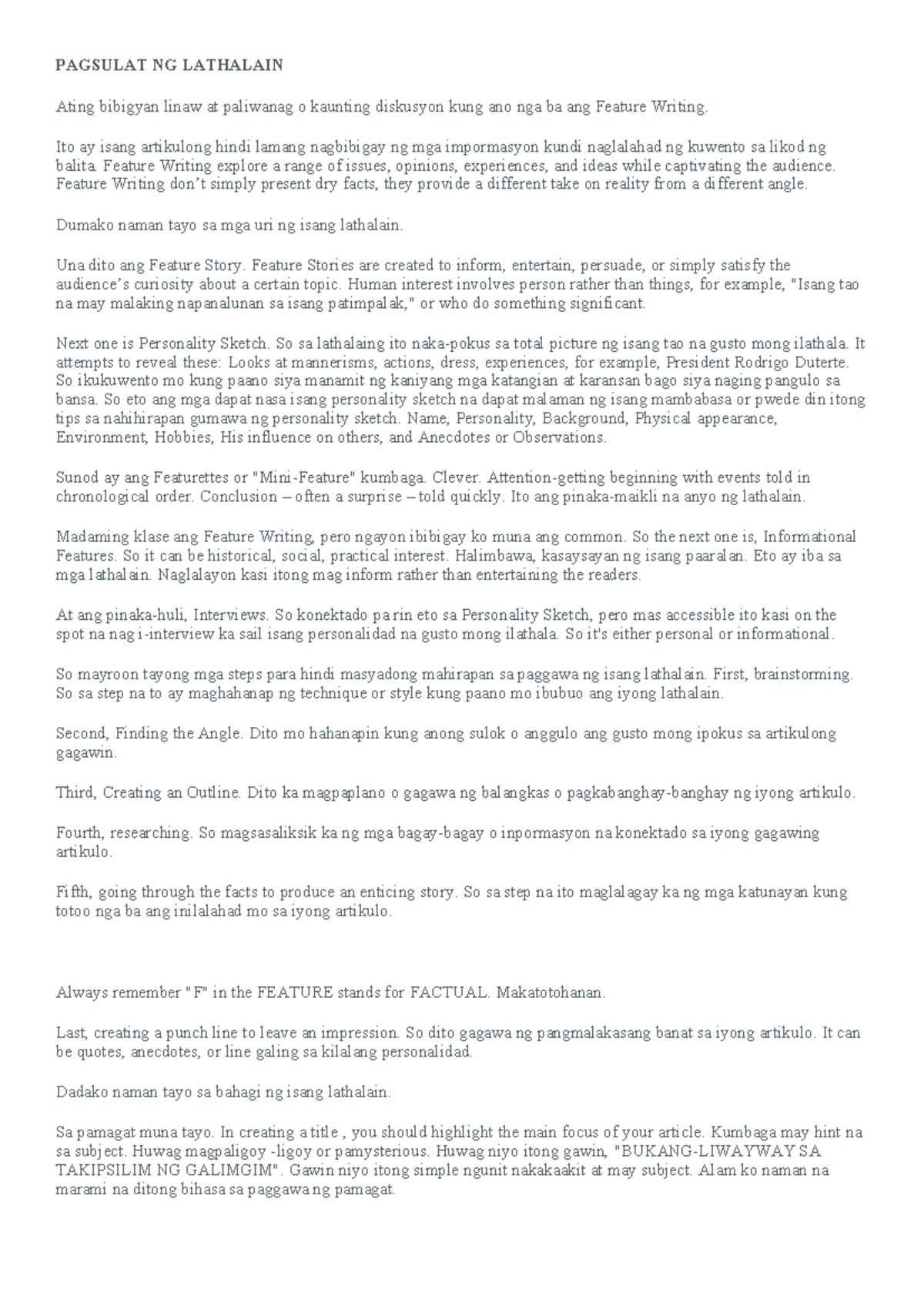 Pagsulat NG Lathalain - PAGSULAT NG LATHALAIN Ating bibigyan linaw at paliwanag o kaunting ...