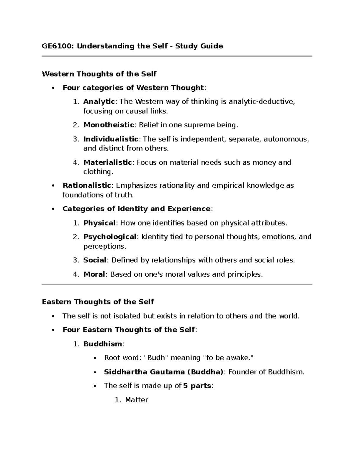 Midterm UTS quiz guide - GE6100: Understanding the Self - Study Guide Western Thoughts of the ...