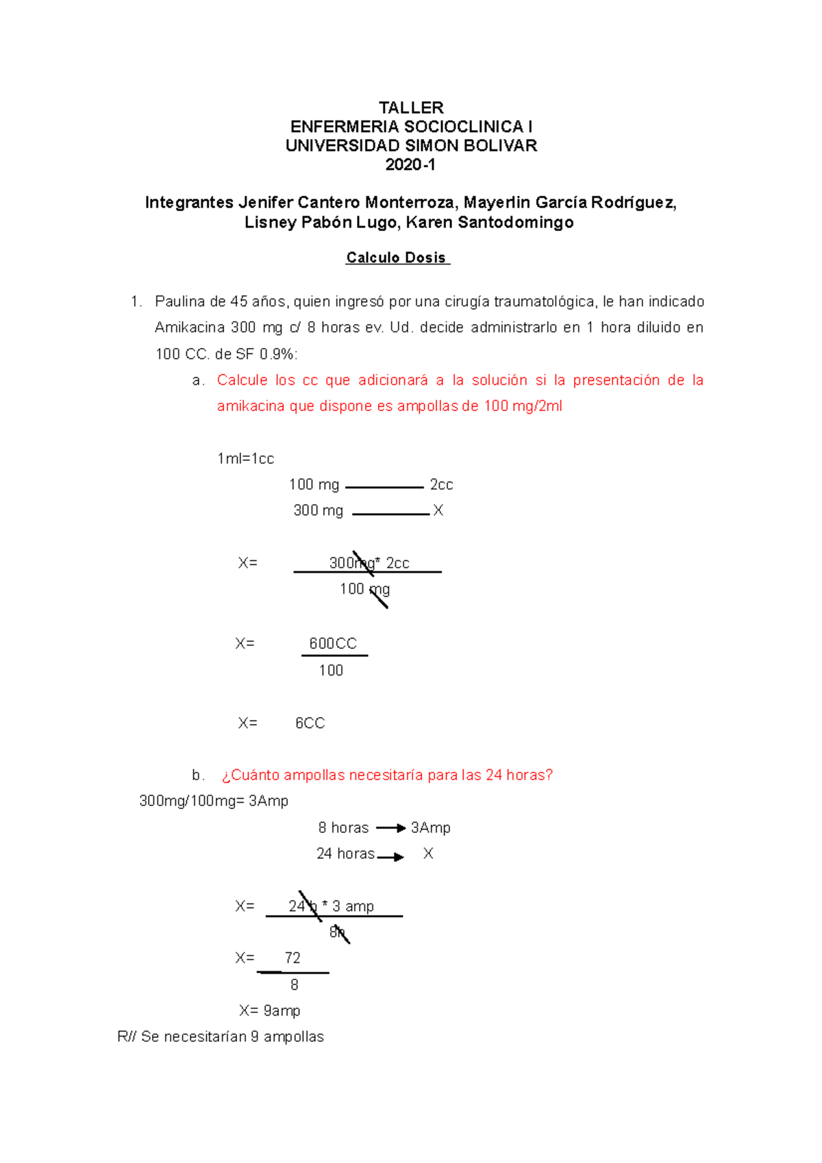 Taller Dosis Y Liquidos (2) - TALLER ENFERMERIA SOCIOCLINICA I ...