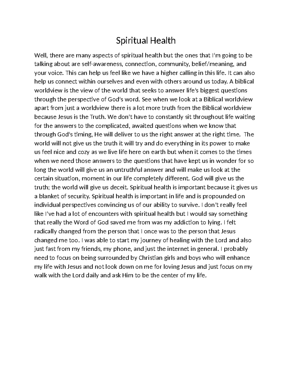 Document 1 - Info for future assignments. - Spiritual Health Well ...