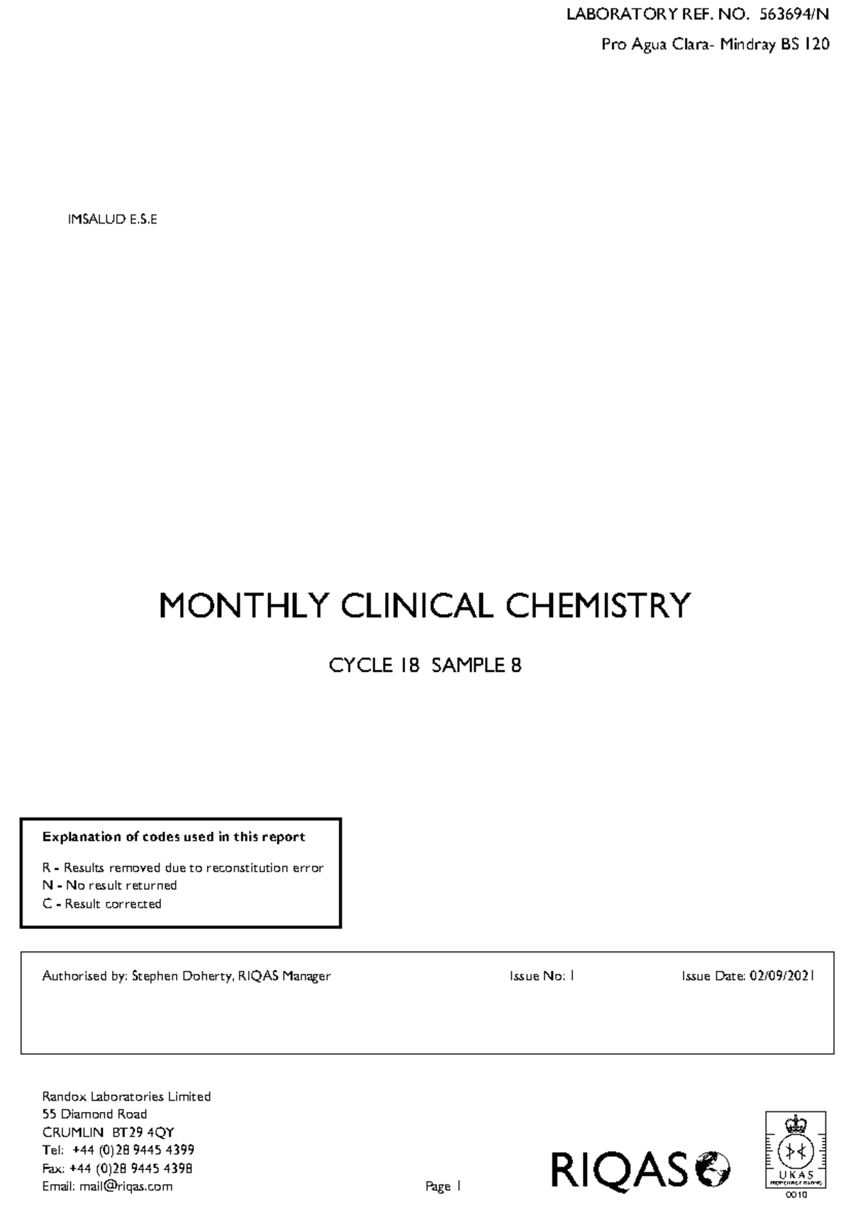 Riqas AGUA Clara Quimica Muestra 8 2021 - IMSALUD E.S 55 Diamond Road ...