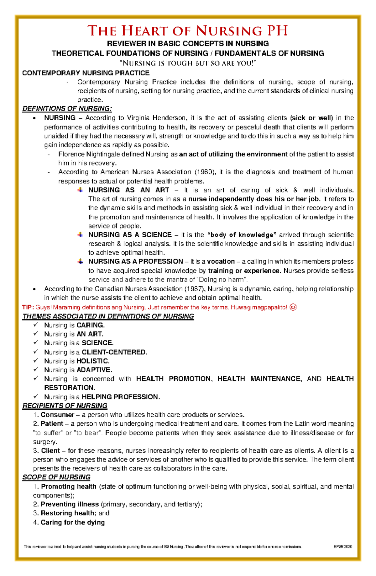 Basic Concepts in Nursing TFN Fundamentals Heart of Nursing PH ...