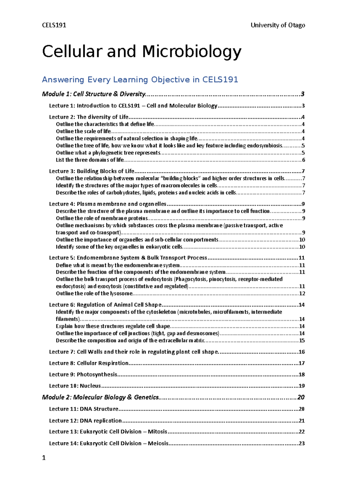 CELS191 - Answering every learning objective - Cellular Biology - University of Otago - Studocu