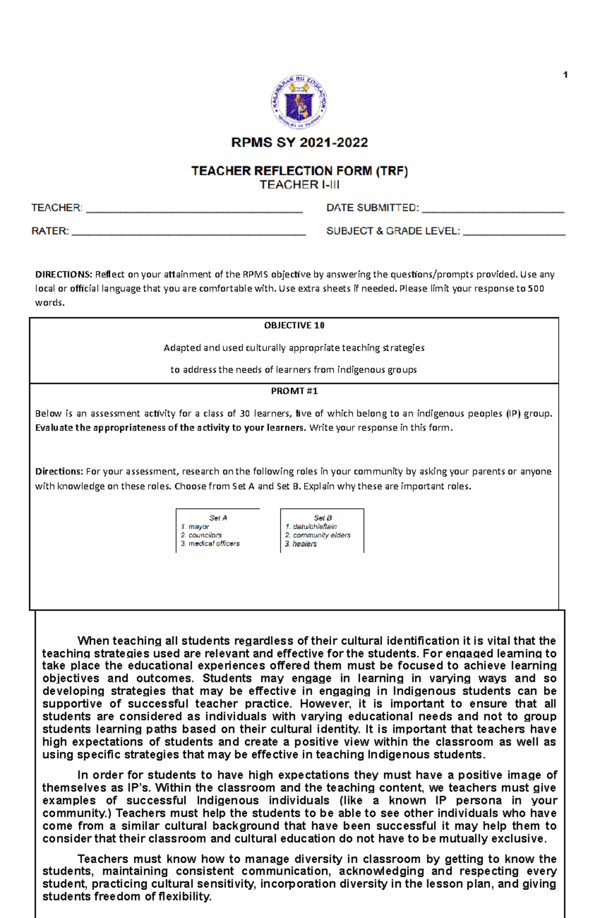 Trf objective 10 - math - DIRECTIONS: Reflect on your attainment of the ...