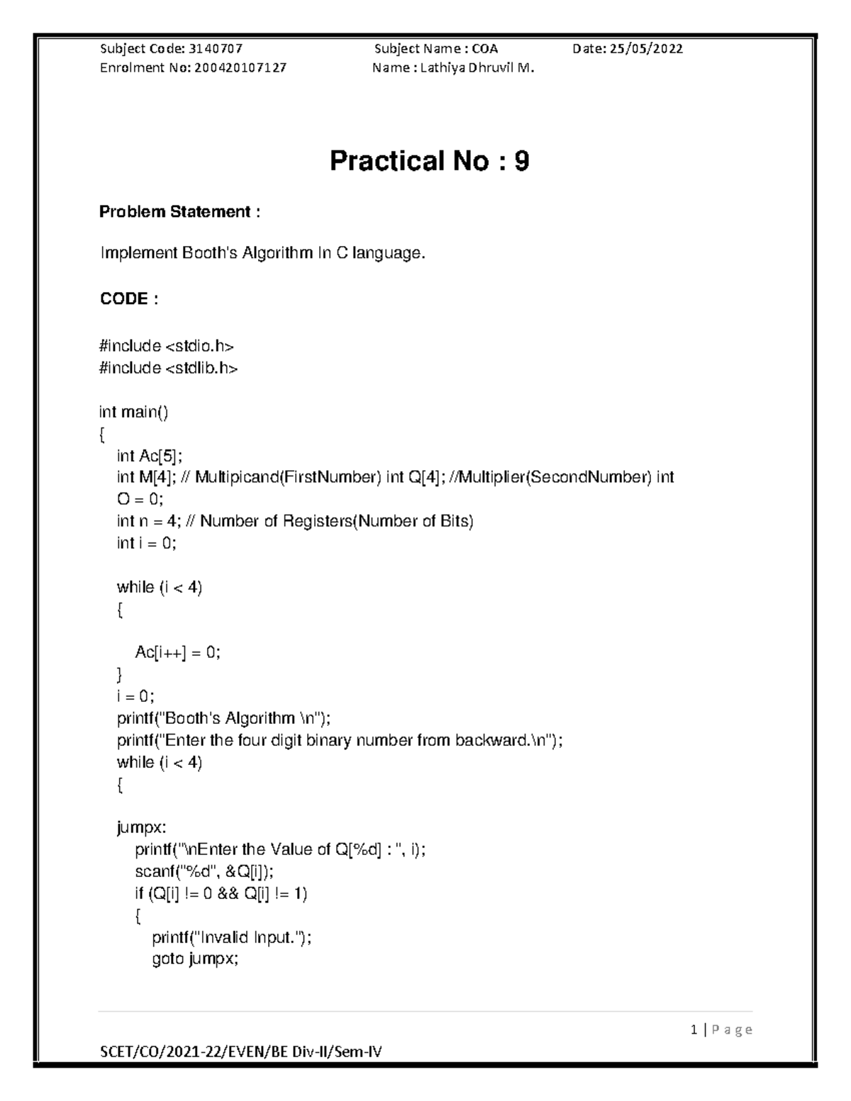 Booths Algorithm Enrolment No 200420107127 Name Lathiya Dhruvil M Practical No 9 Problem