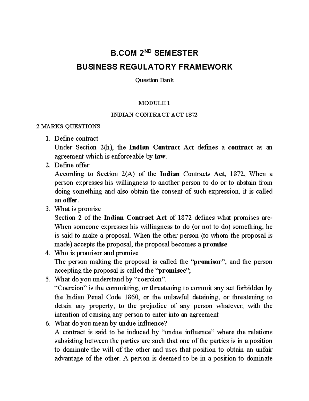 BRF question bank - Brf - B 2ND SEMESTER BUSINESS REGULATORY FRAMEWORK Question Bank MODULE 1 ...