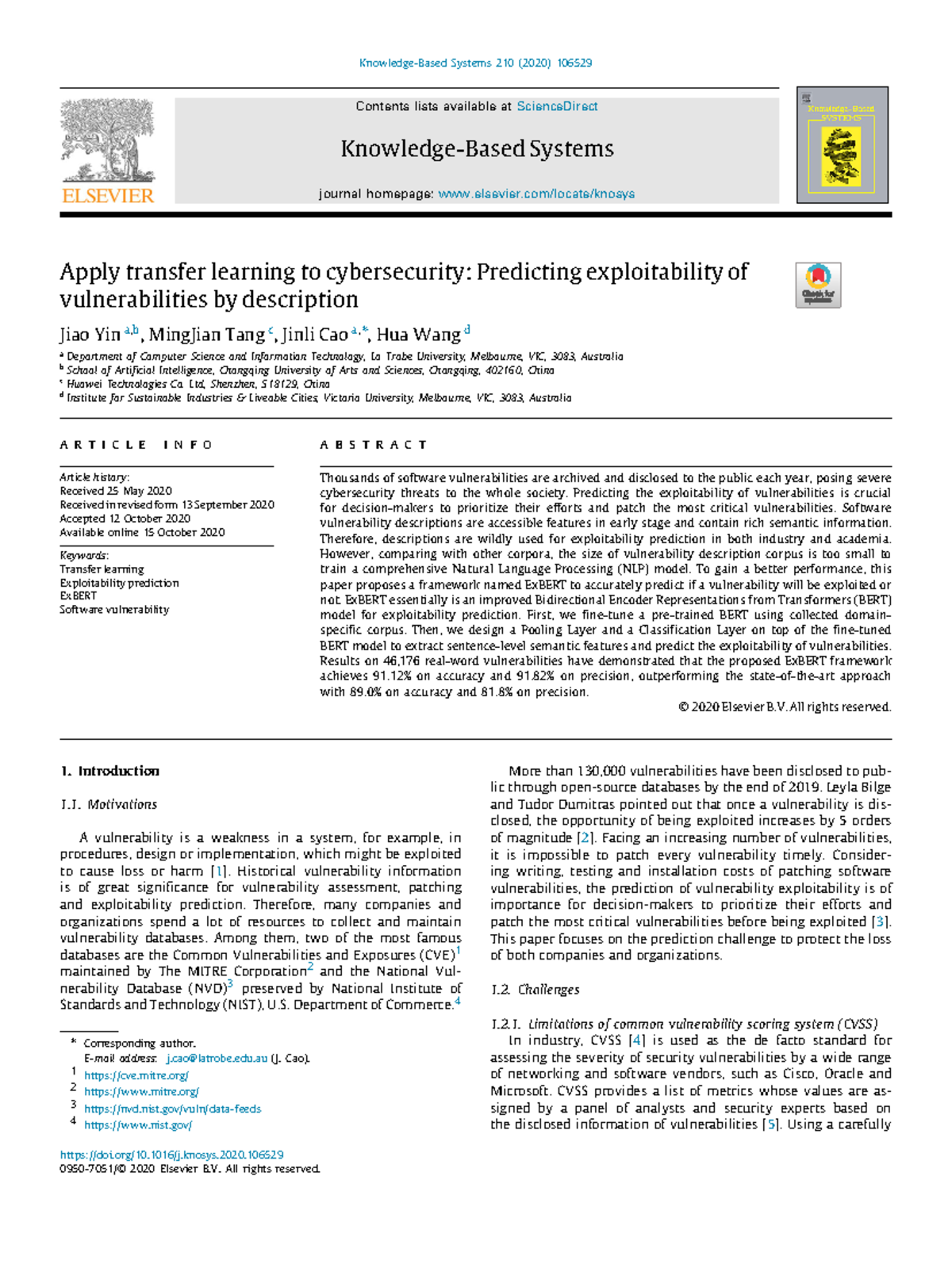 Apply transfer learning to cybersecurity Predicting exploitability of vulnerabilities by ...