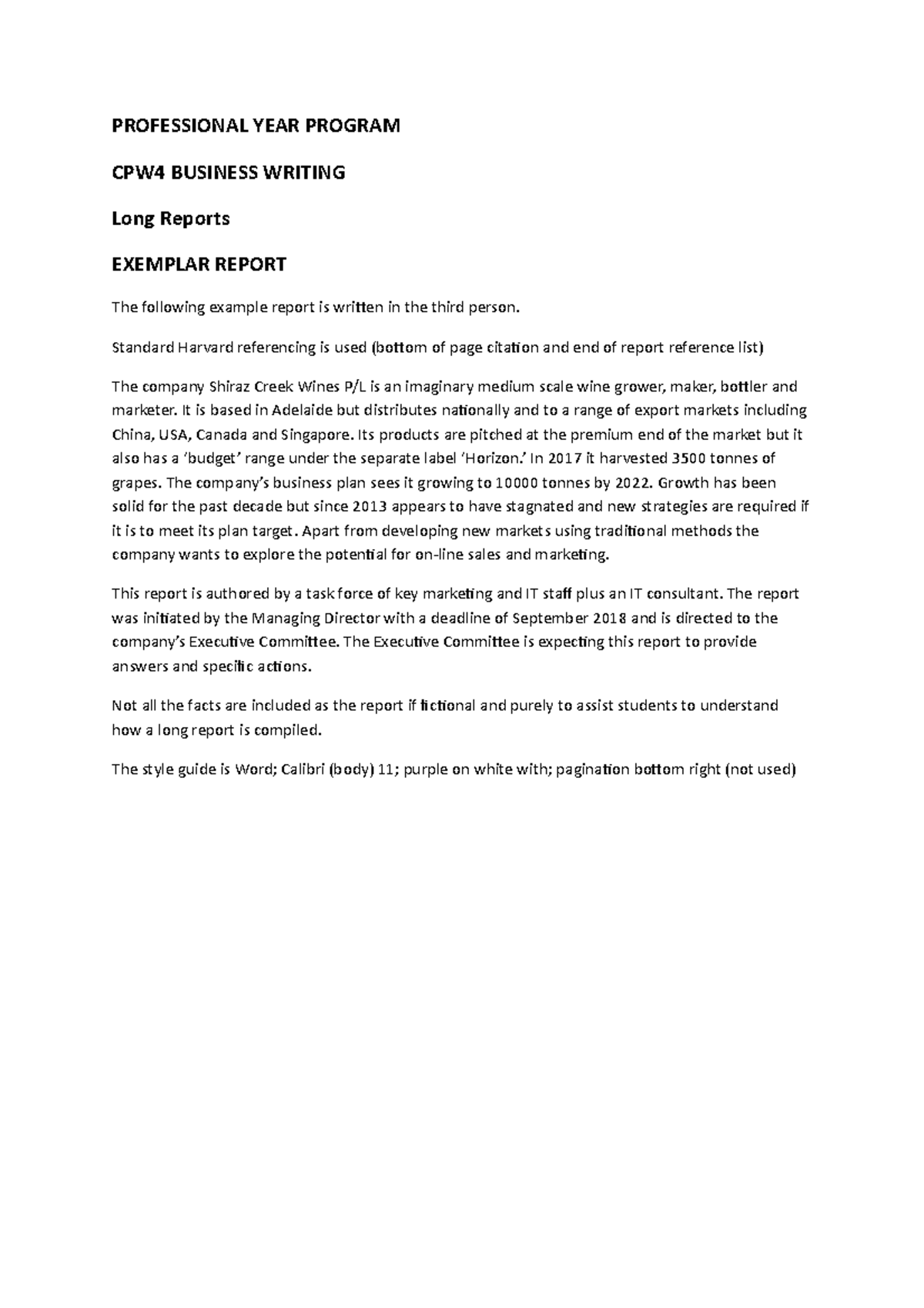 PYP CPW4 Examplar Long Report - PROFESSIONAL YEAR PROGRAM CPW4 BUSINESS ...