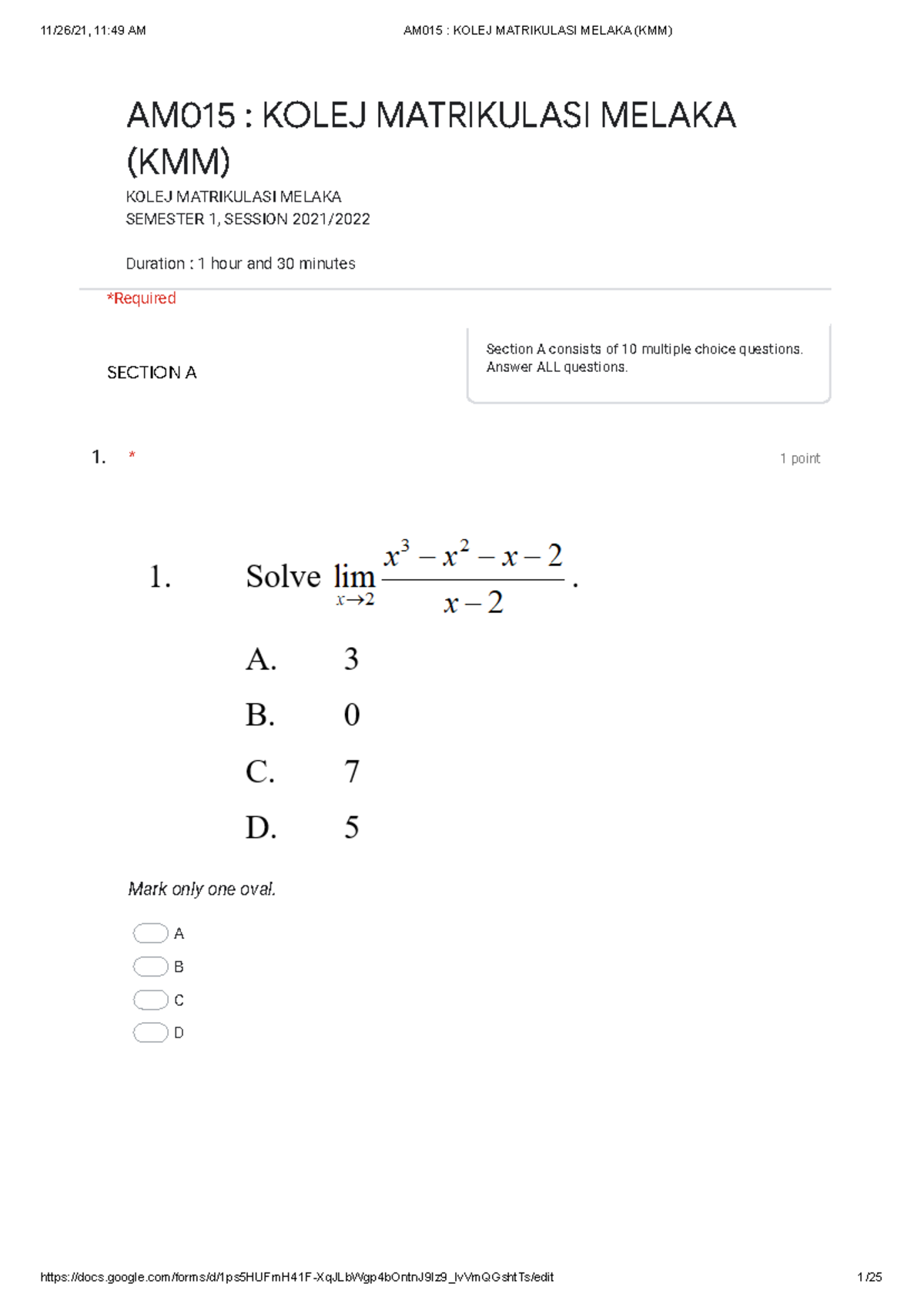 KMM AM015 - Google Forms - SECTION A Section A consists of 10 multiple ...