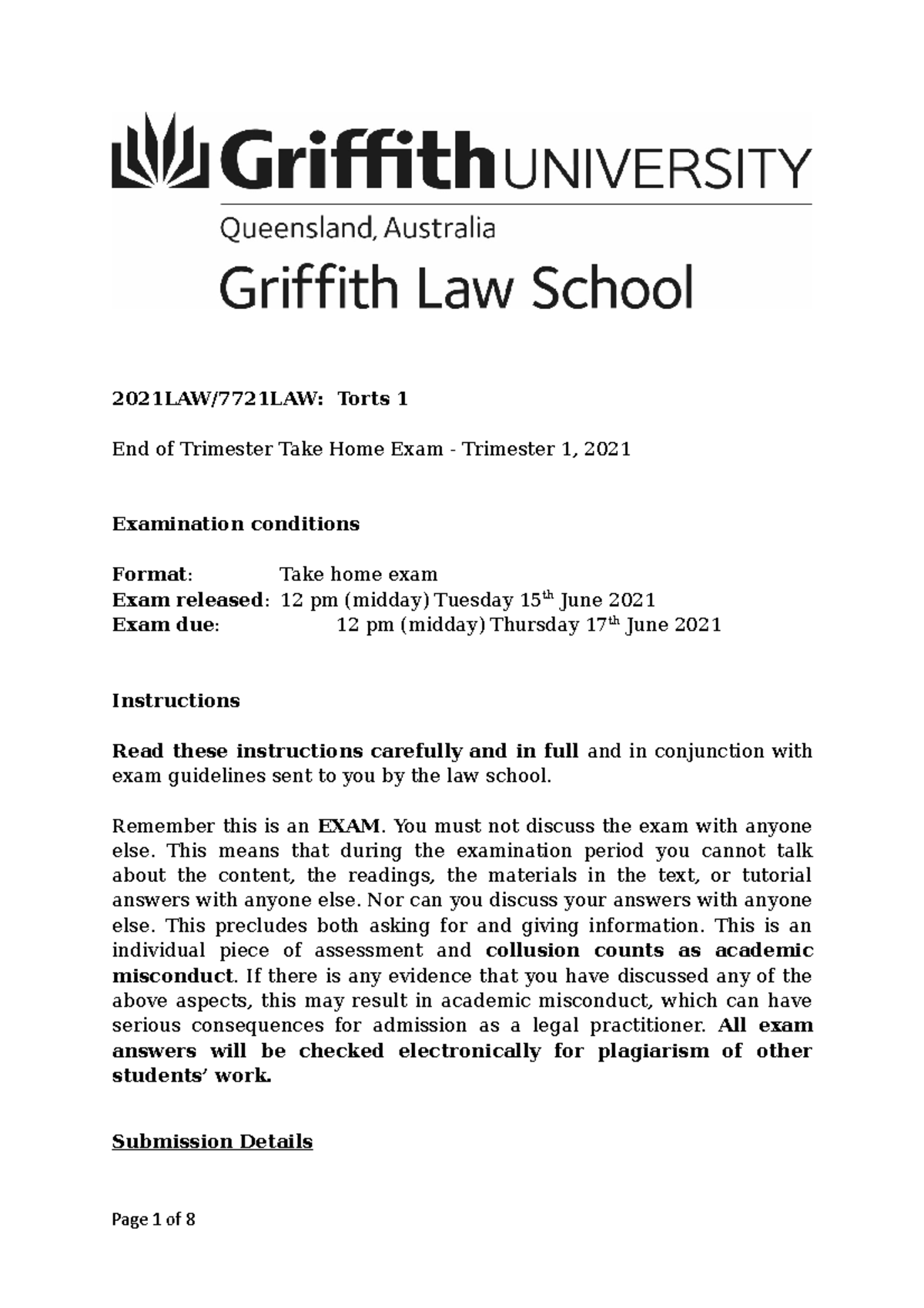 Torts Exam - 2021LAW/7721LAW: Torts 1 End of Trimester Take Home Exam - Trimester 1, 2021 - Studocu