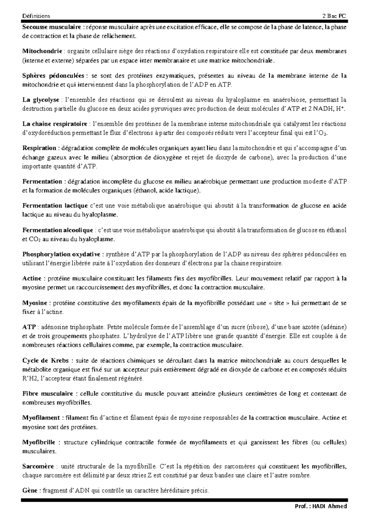 Définitions Unité 1+2 PC-1 - Définitions 2 Bac PC Prof. : HADI Ahmed ...