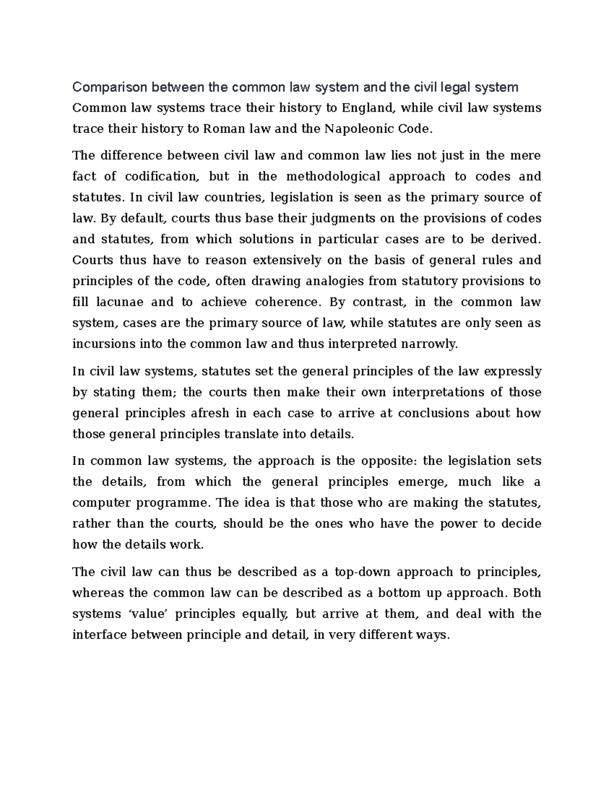 Comparison between the common law system and the civil legal system ...