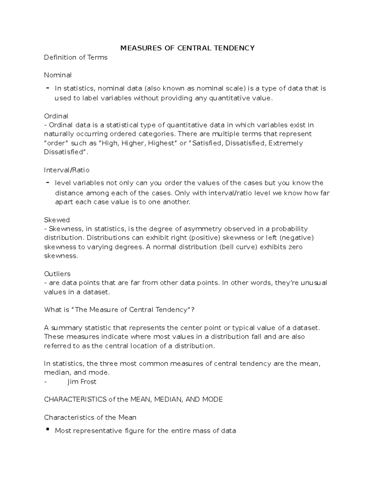 Measures OF Central Tendency - MEASURES OF CENTRAL TENDENCY Definition of Terms Nominal - In ...