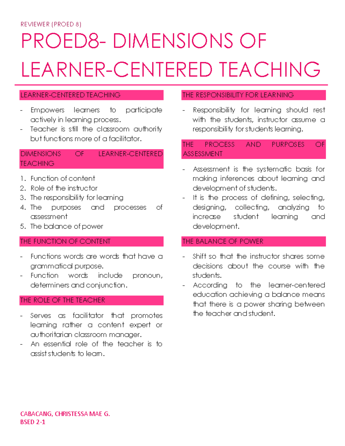 Prelim Reviewer Proed 8 Learner Centered Teaching - CABACANG ...