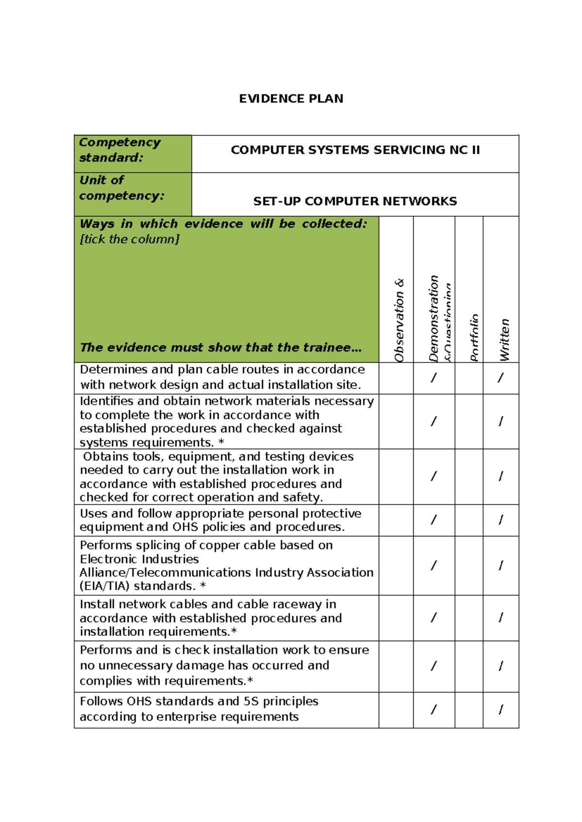 5 Evidence Plan- endencio - EVIDENCE PLAN Competency standard: COMPUTER ...