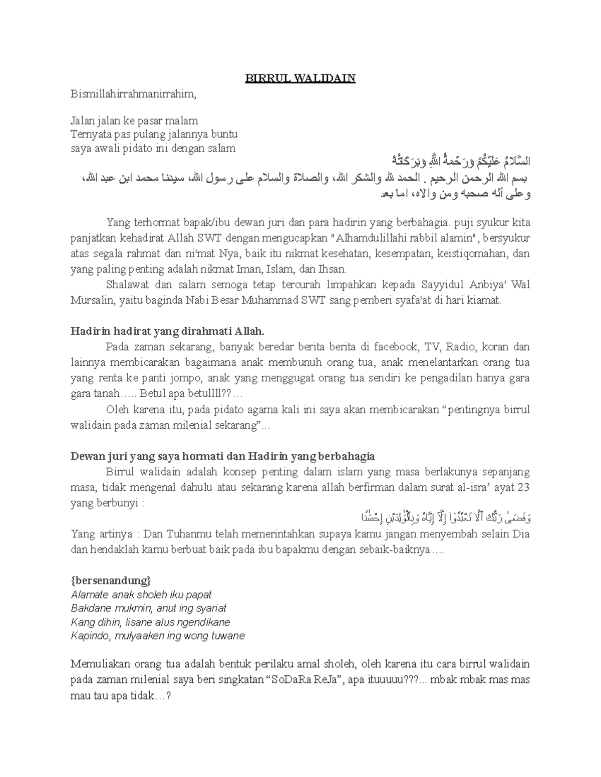 Pidato Madrasah - iiii - BIRRUL WALIDAIN Bismillahirrahmanirrahim, Jalan jalan ke pasar malam ...