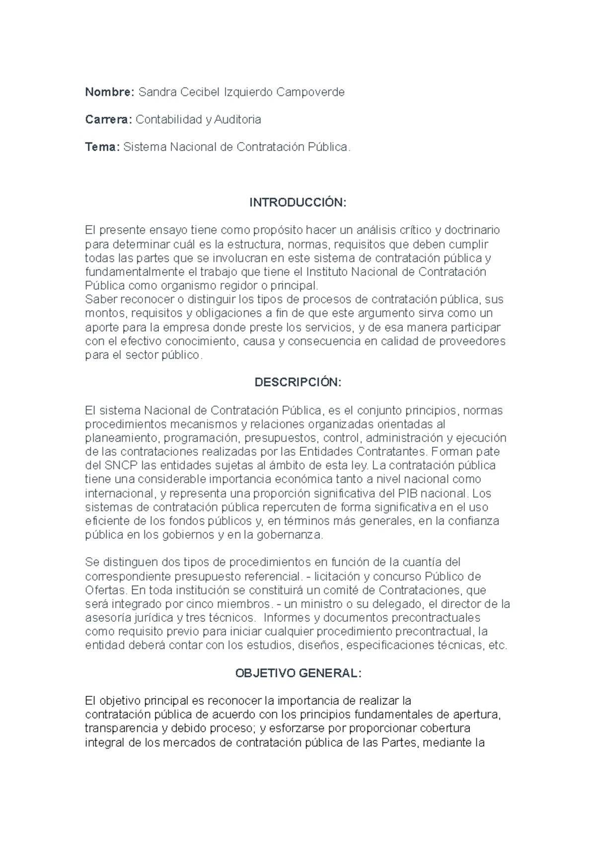 Ensayo Contratación - Elabore un ensayo académico sobre procedimientos de Bienes y Servicios ...