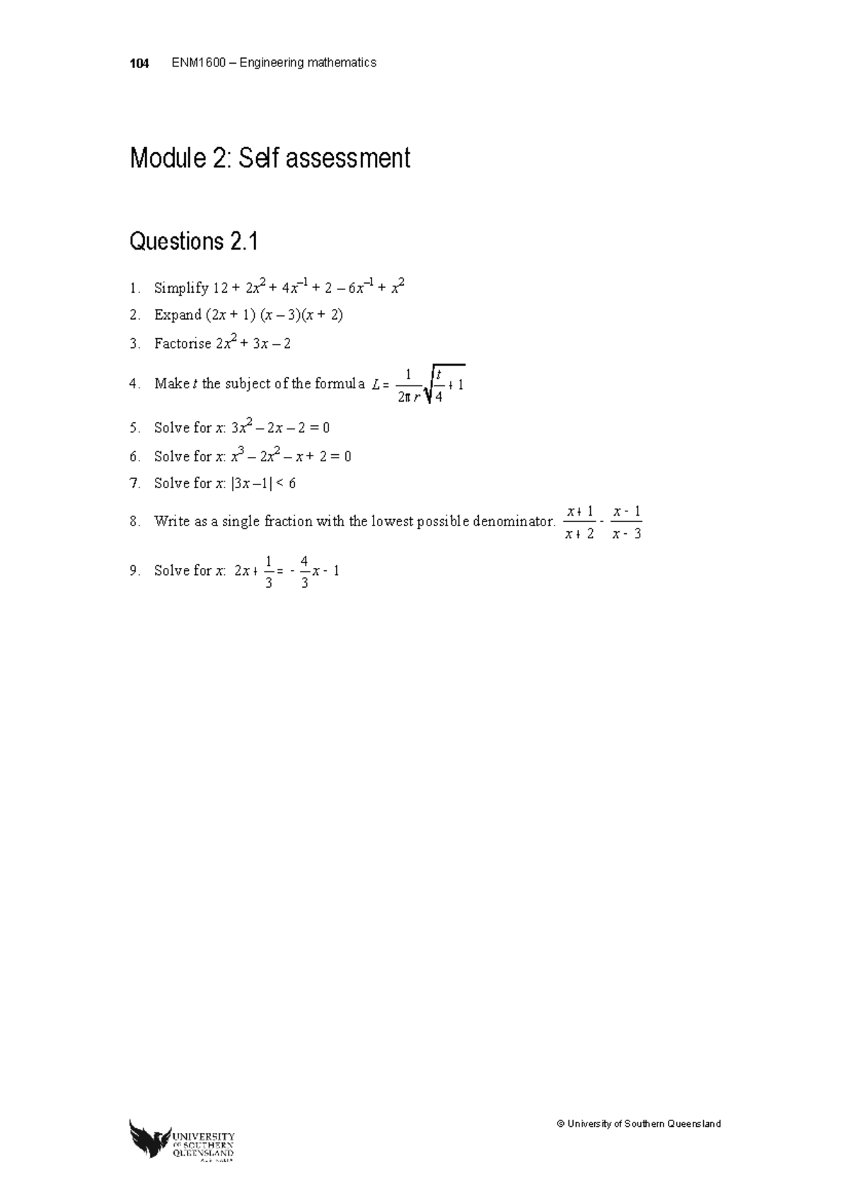 ENM1600 2013 Module Notes 2 - Basic Algebra Questions - 104 ENM1600 ...