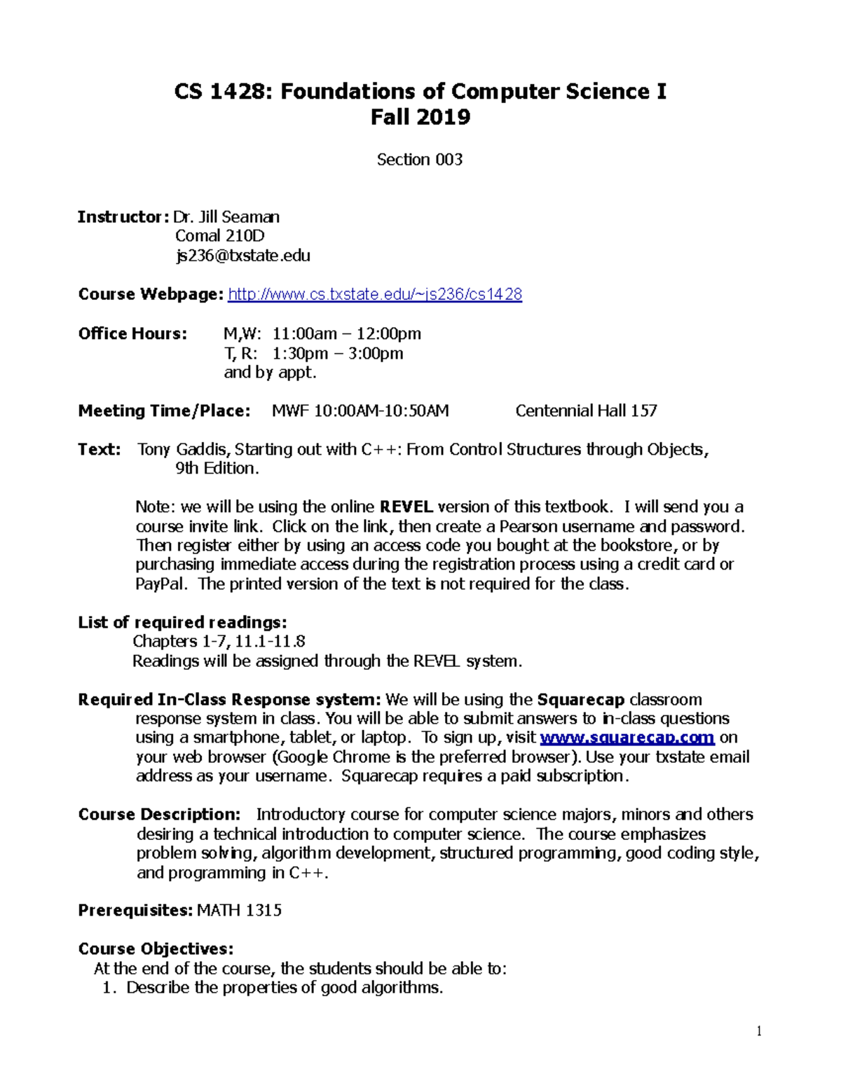 Syllabus Cs 1428 Cs 1428 Foundations Of Computer Science I Fall 2019 Section 003 Instructor